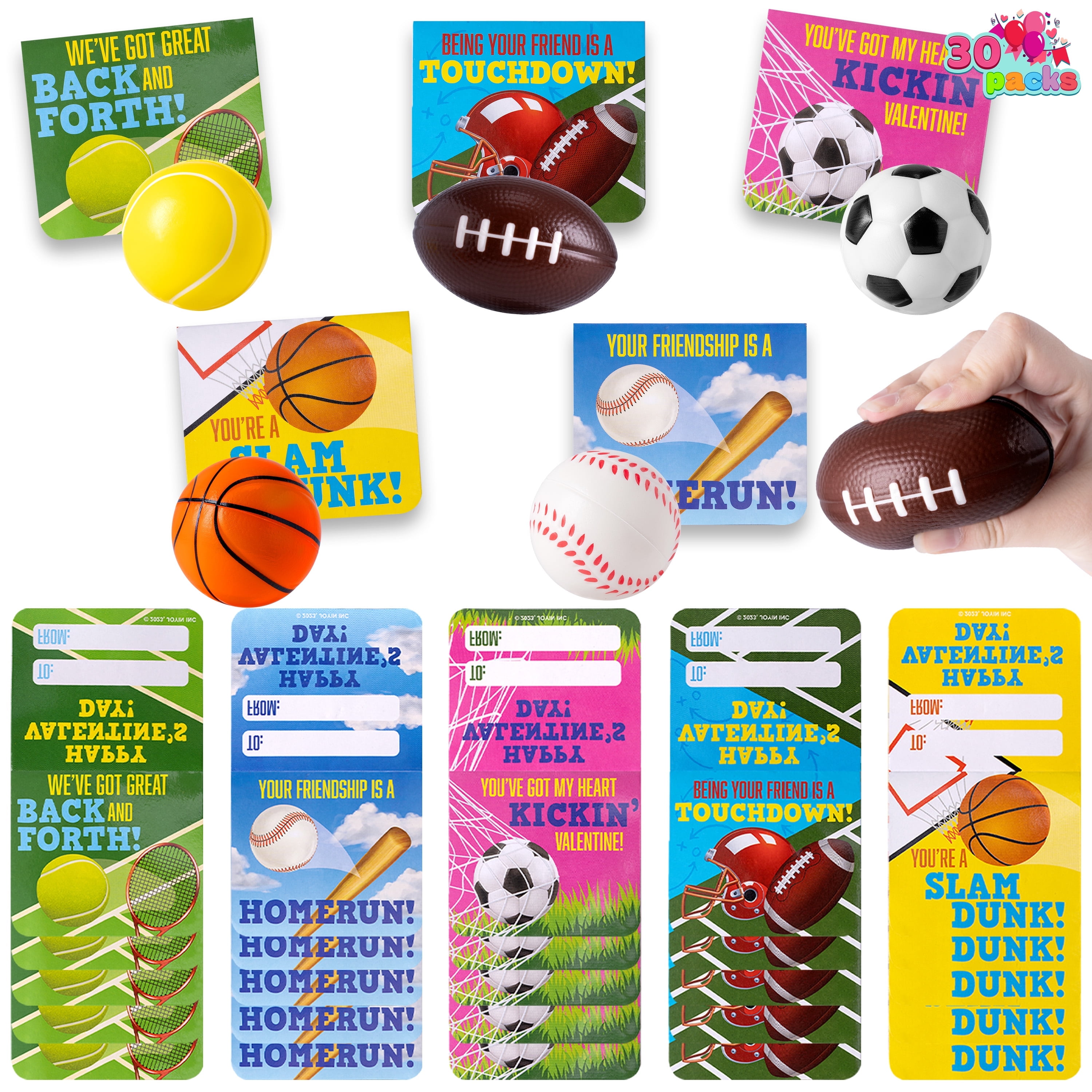 Joyfy 30 Packs Valentines Cards with Mini Sports Ball for Kids Boys ...