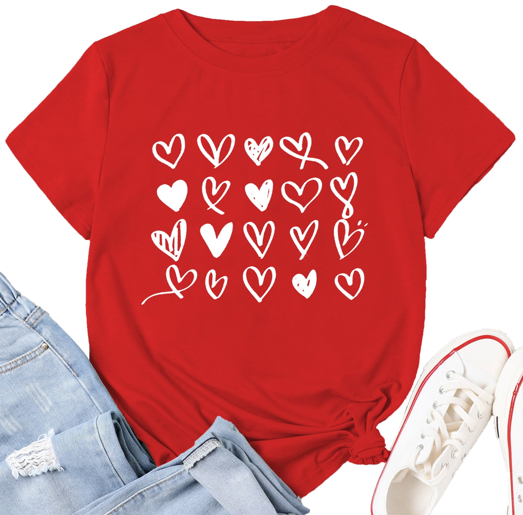 Valentine's Day T Shirts for Women Cute Heart Print Graphic Tees Casual Short Sleeve Top ...