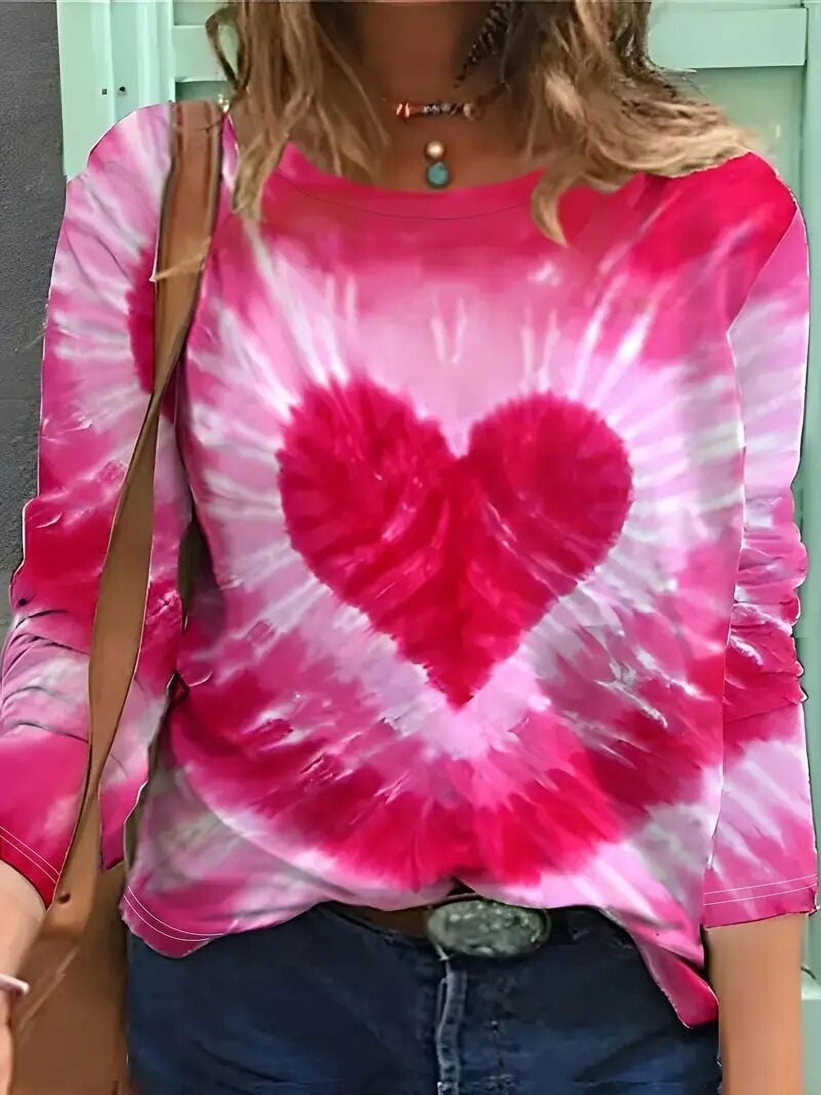 Valentine's Day T Shirts for Women Tie Dye Cute Heart Print Graphic Tees Casual Long Sleeve Top ...