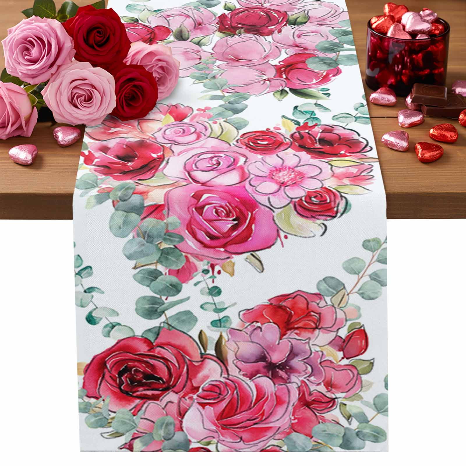 Valentine's Day Table Runner 13 x 60 Inch, Pink and Red Rose Flowers ...
