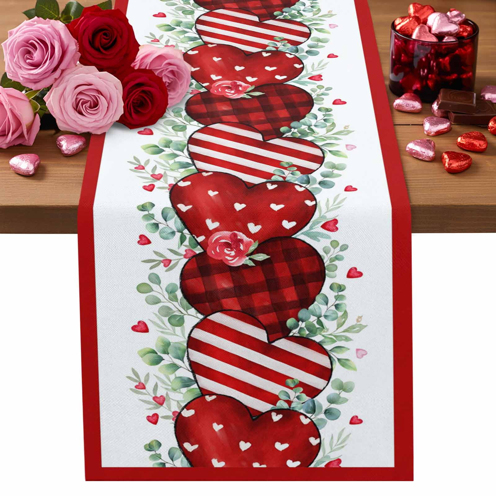 Valentine's Day Table Runner 13 x 72 Inch, Red Stripe Plaid Love Leaves ...