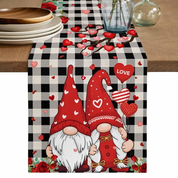 Valentine's Day Table Runner 60 Inches, Gnomes Red Love Rose Trees ...