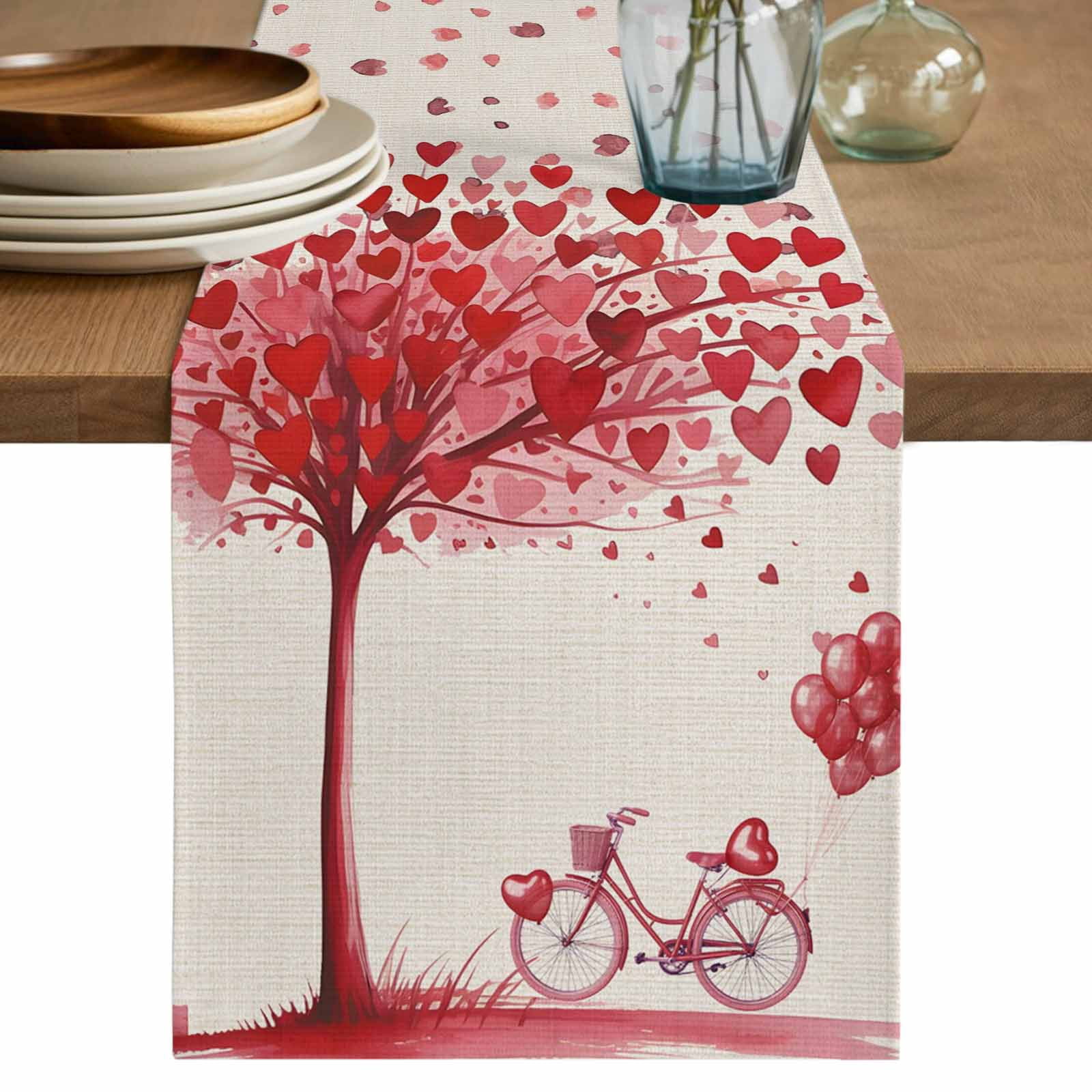 Valentine's Day Table Runner 60 Inches, Pink Red Love Tree Bike Balloon ...
