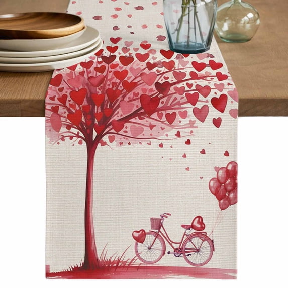 Valentine's Day Table Runner 60 Inches, Pink Red Love Tree Bike Balloon ...