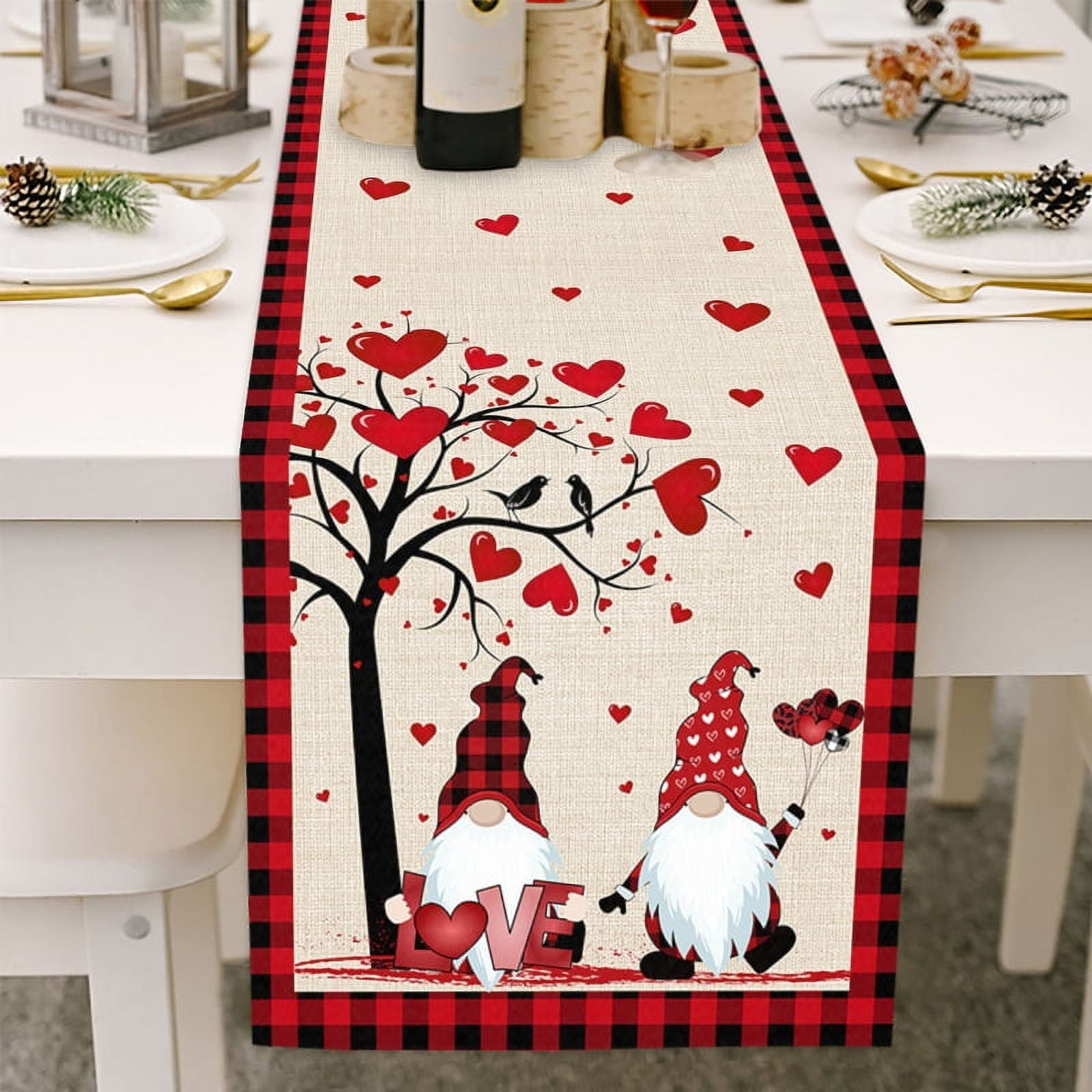 Valentine's Day Table Runner Cotton Linen Love Heart Gnome Tables Cloth ...