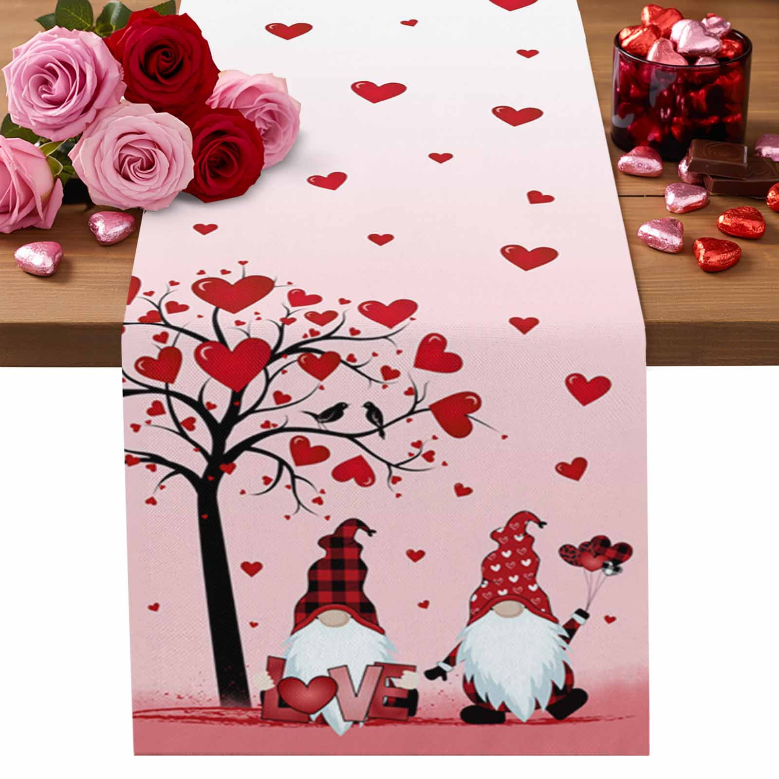Valentine's Day Table Runner Gnomes Love Heart Tree Table Runners Pink ...
