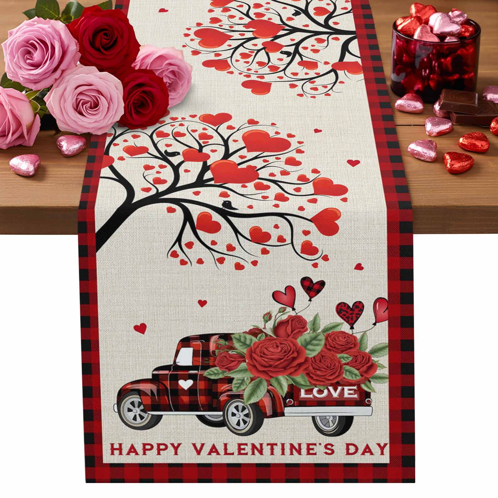 Valentine's Day Table Runner Love Tree Rose Truck Table Runners Bird ...