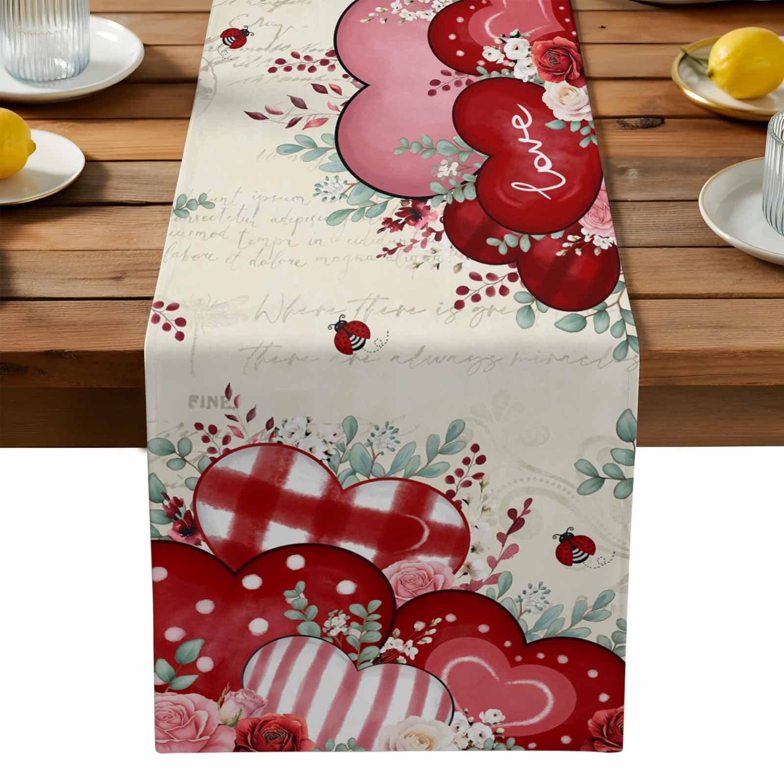 Valentine's Day Table Runner, Romantic Red Pink Love Heart Roses Leaf ...