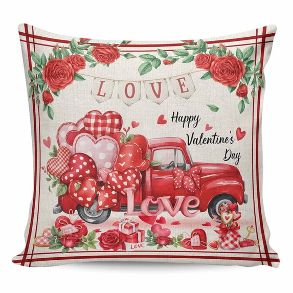 Valentine's Day Throw Pillow Cover Retro Love Truck Roses Balloon Red ...