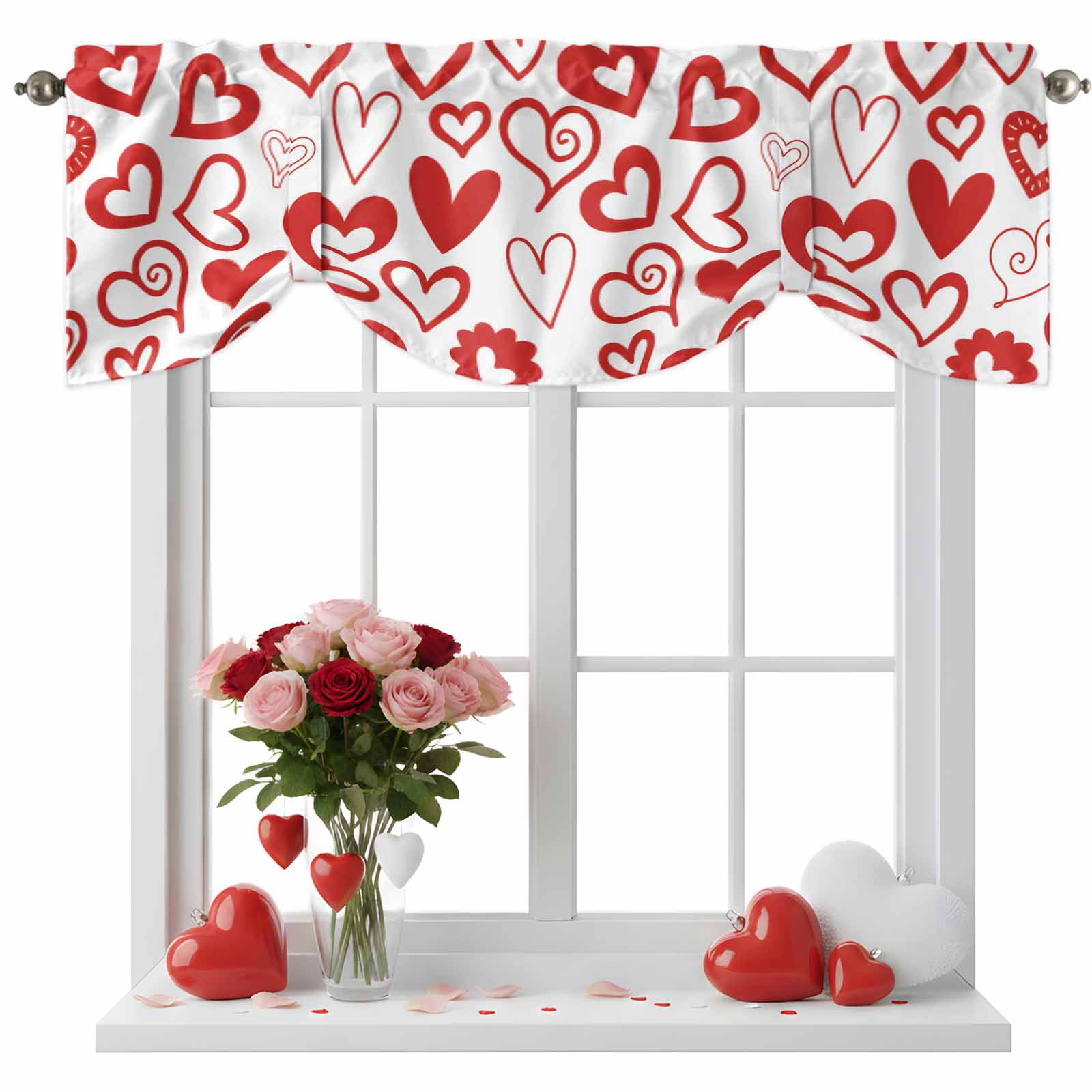 Valentine's Day Tie Up Valance for Windows, Abstract Simple Red Heart ...
