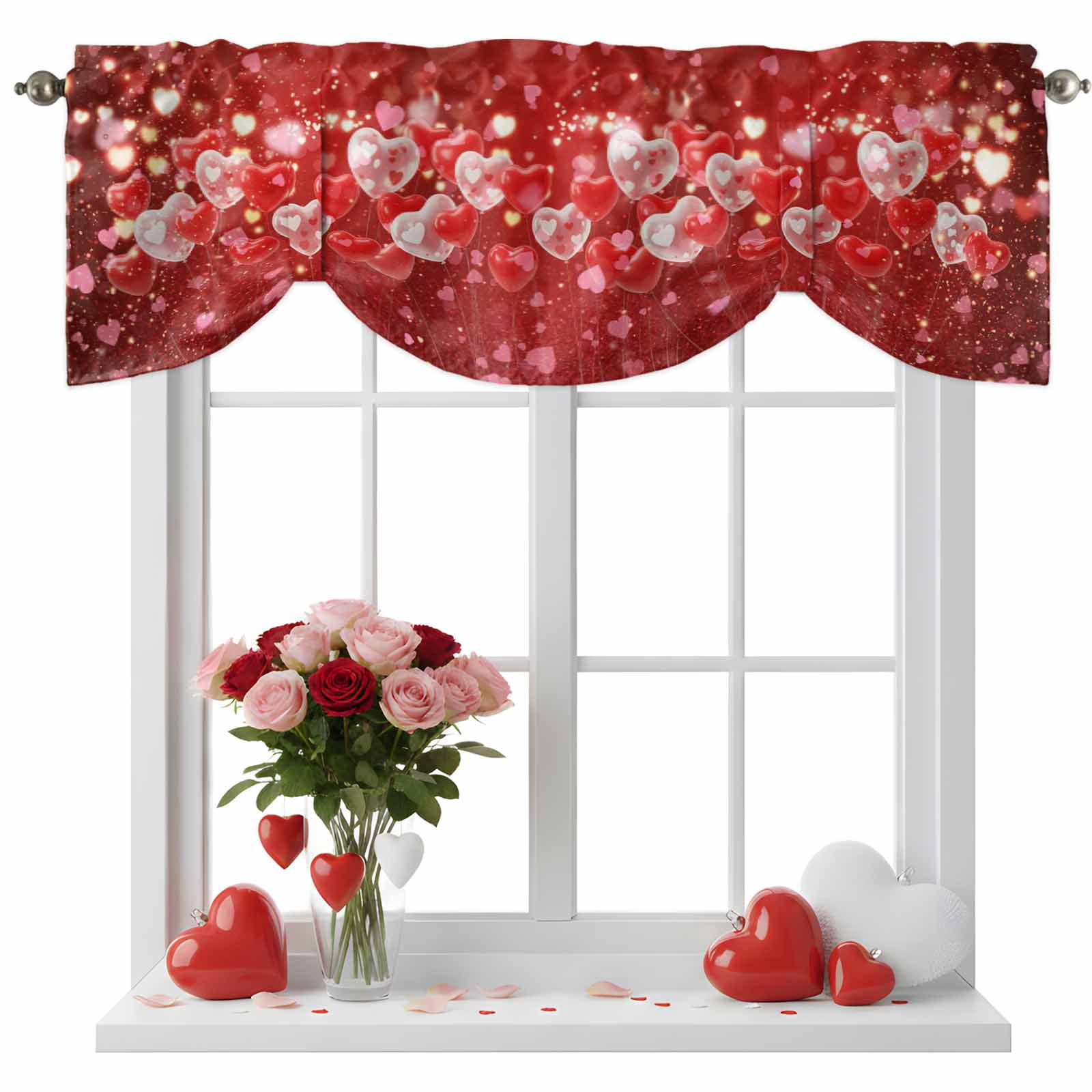 Valentine's Day Tie Up Valance for Windows, Dreamy Red White Pink Love ...