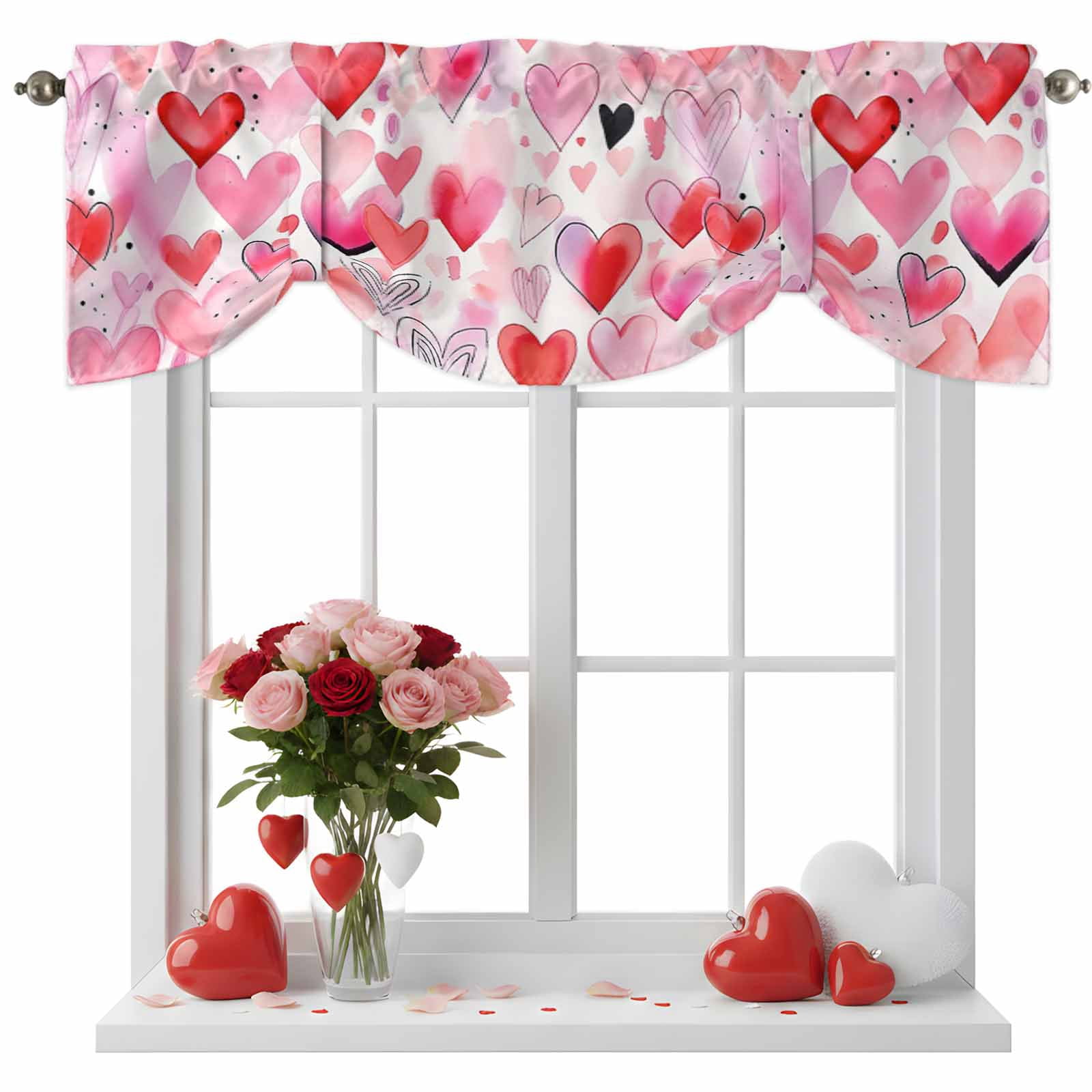 Valentine's Day Tie Up Valance for Windows, Love Hearts Red and Pink ...