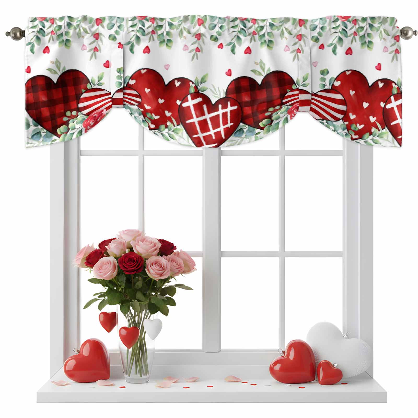 Valentine's Day Tie Up Valance for Windows, Red Stripe Heart Green ...