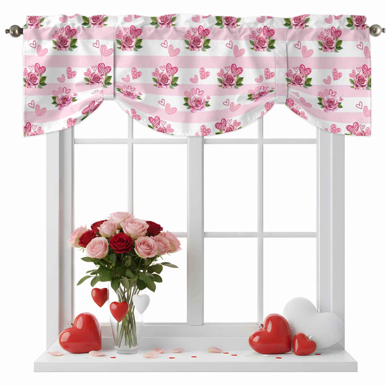 Valentine's Day Tie Up Valance for Windows, Romantic Pink Roses Floral ...