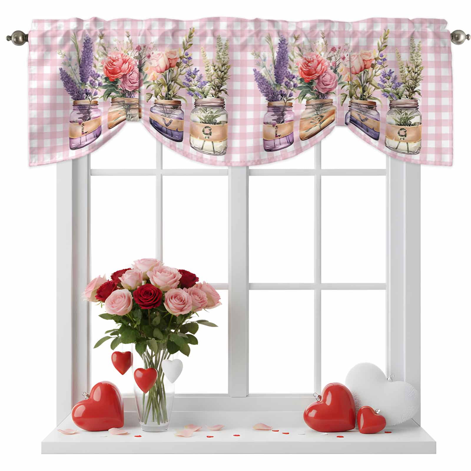 Valentine's Day Tie Up Valance for Windows, Roses Lavender Love Glass ...