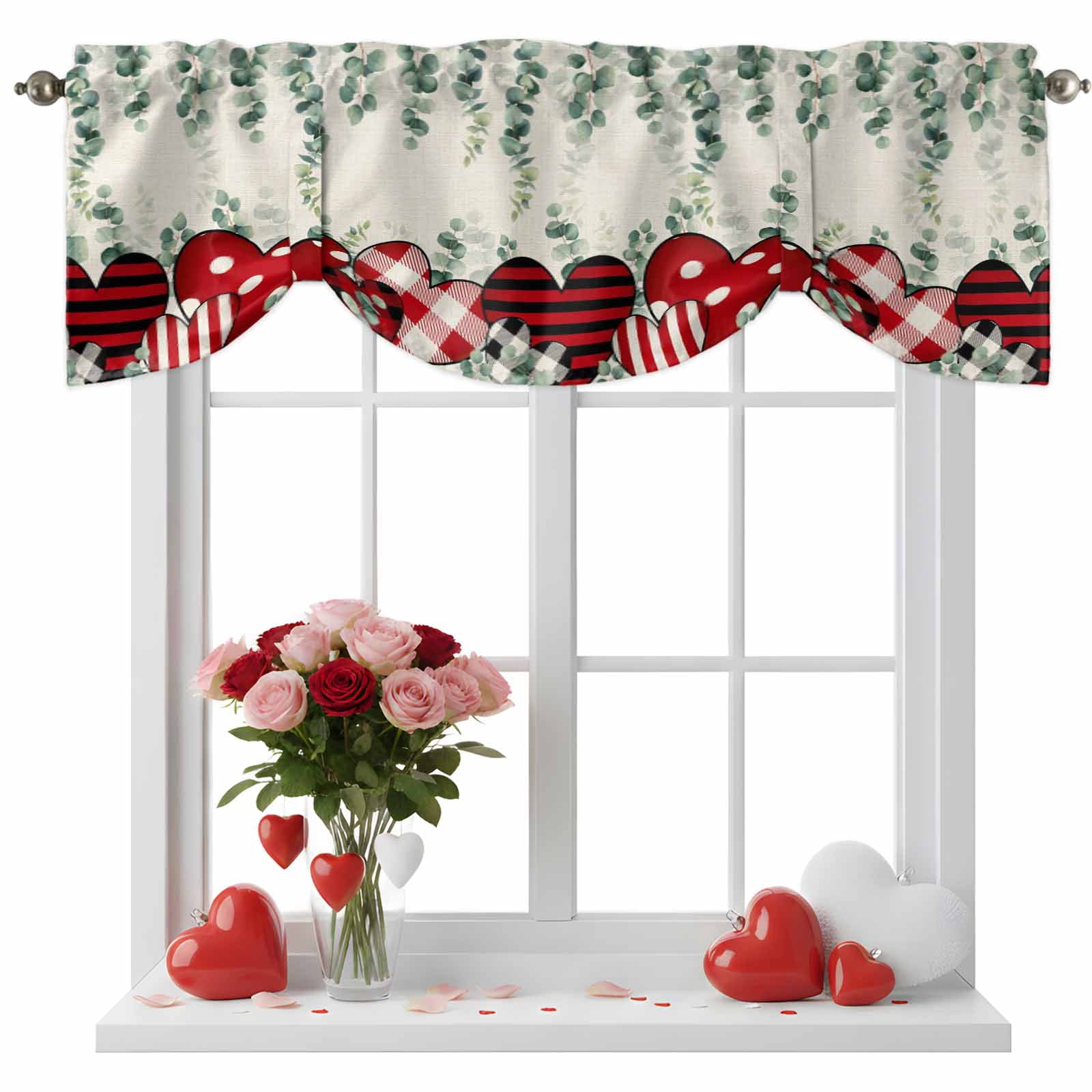 Valentine's Day Tie Up Valance for Windows, Watercolor Red Stripes Dots ...