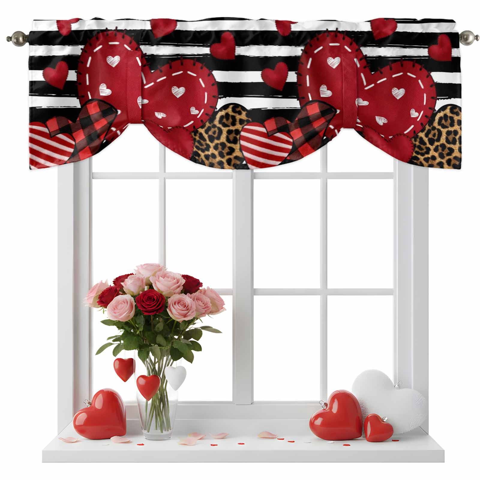 Valentine's Day Tie Up Valance for Windows, Watercolor Red Stripes Love ...