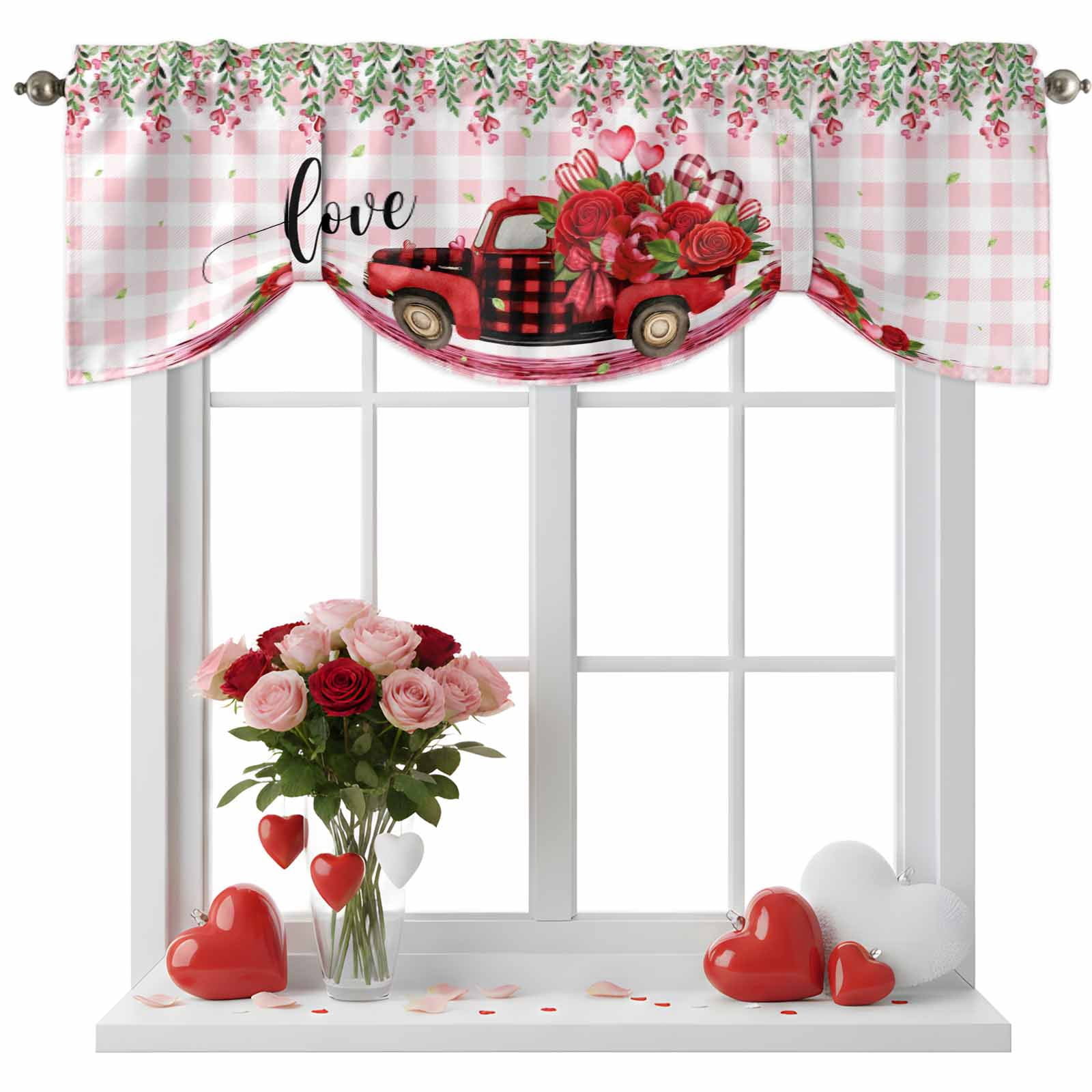 Valentine's Day Tie Up Valance for Windows, Watercolor Romantic Red ...