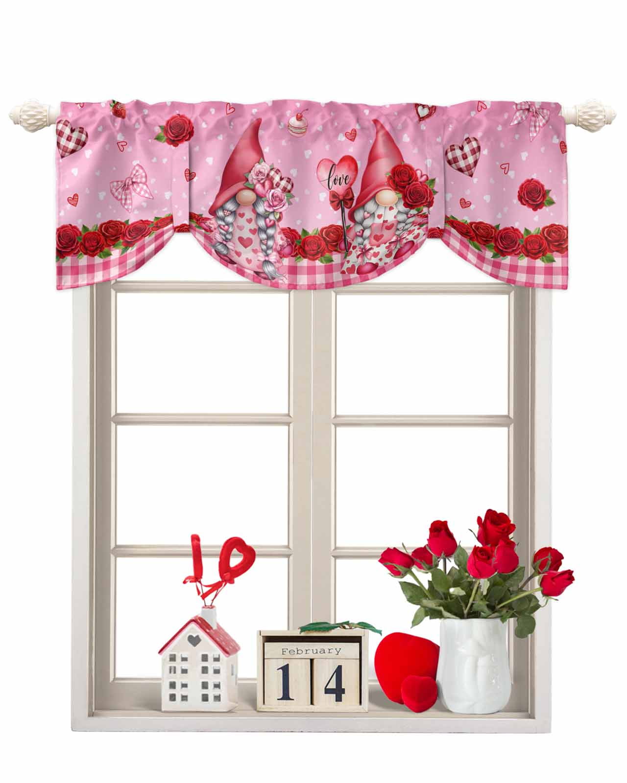 Valentine's Day Tie Up Valances Curtain, Gnome Pink Love Heart Red ...