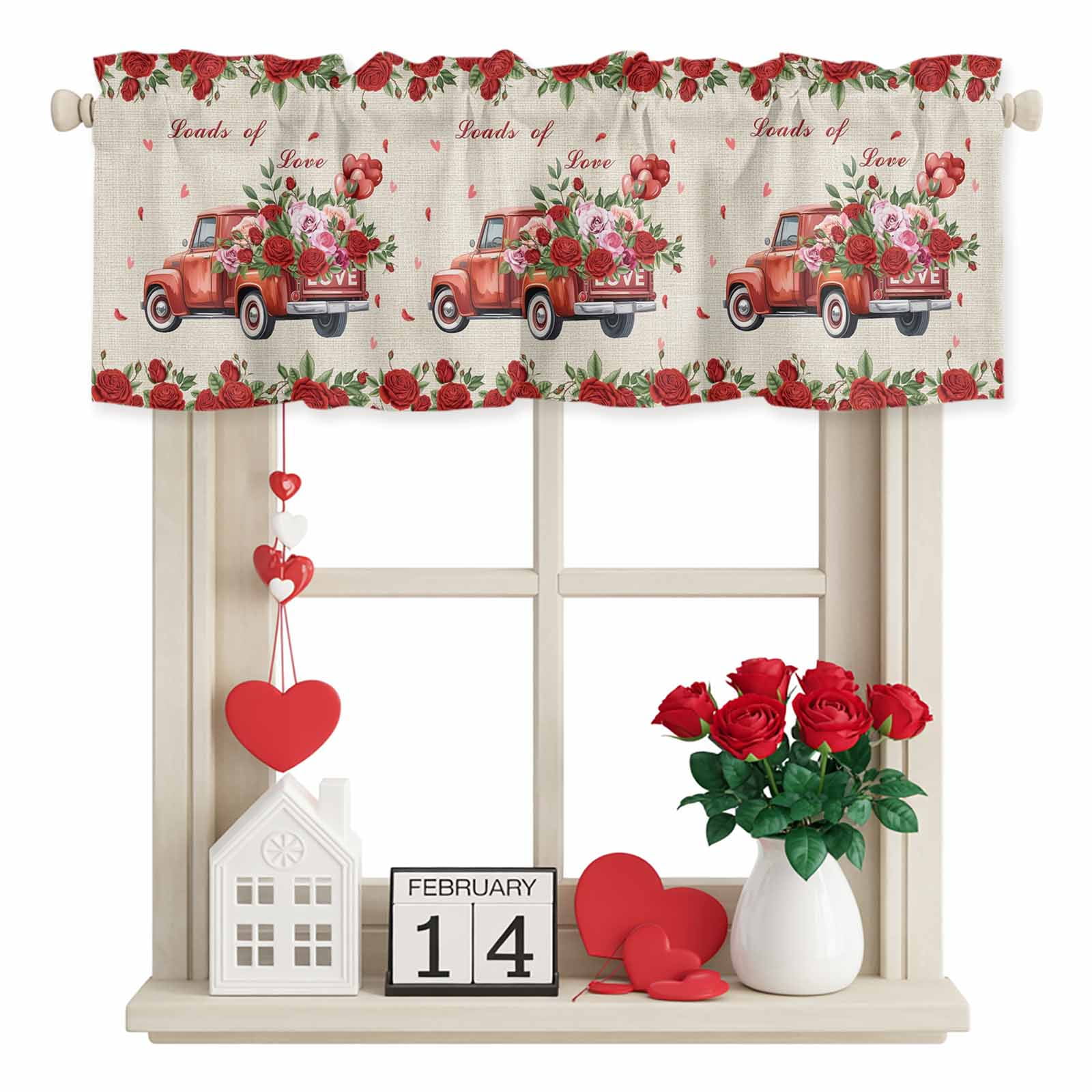 Valentine's Day Truck Rose Valance Curtain for Windows Balloons Red ...