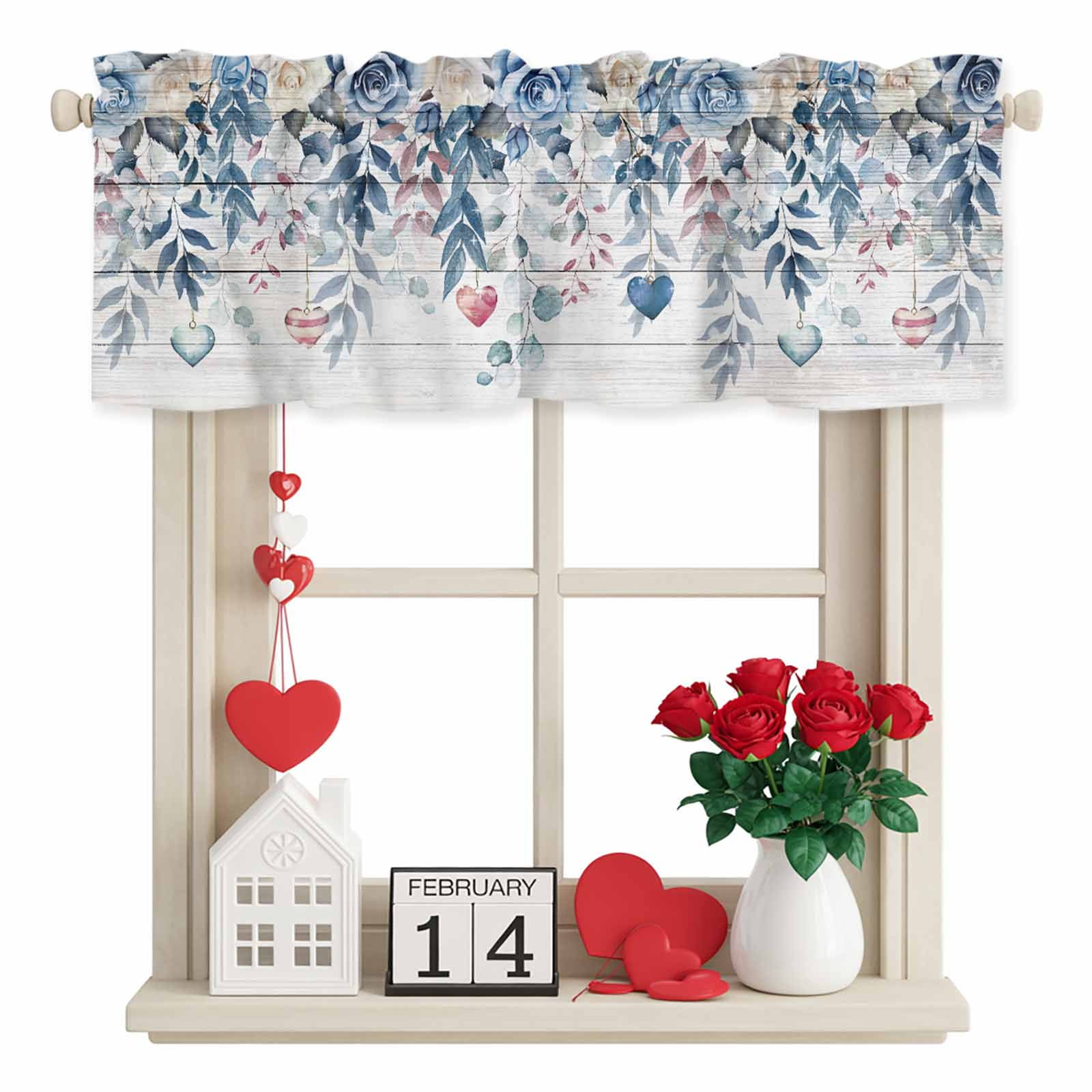 Valentine's Day Valance Curtain for Windows Blue Roses Eucalyptus ...