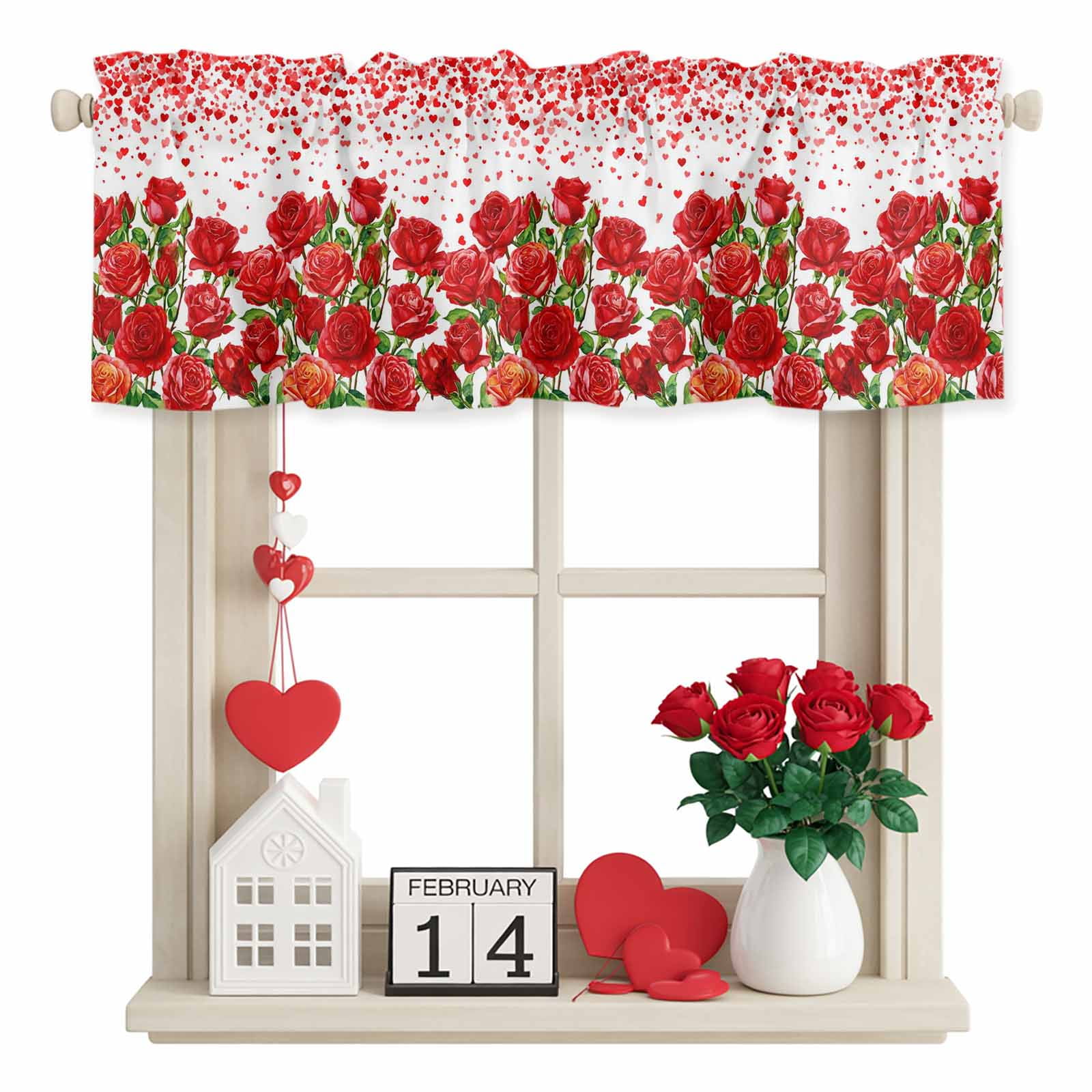Valentine's Day Valance Curtain for Windows Vintage Watercolor Red ...