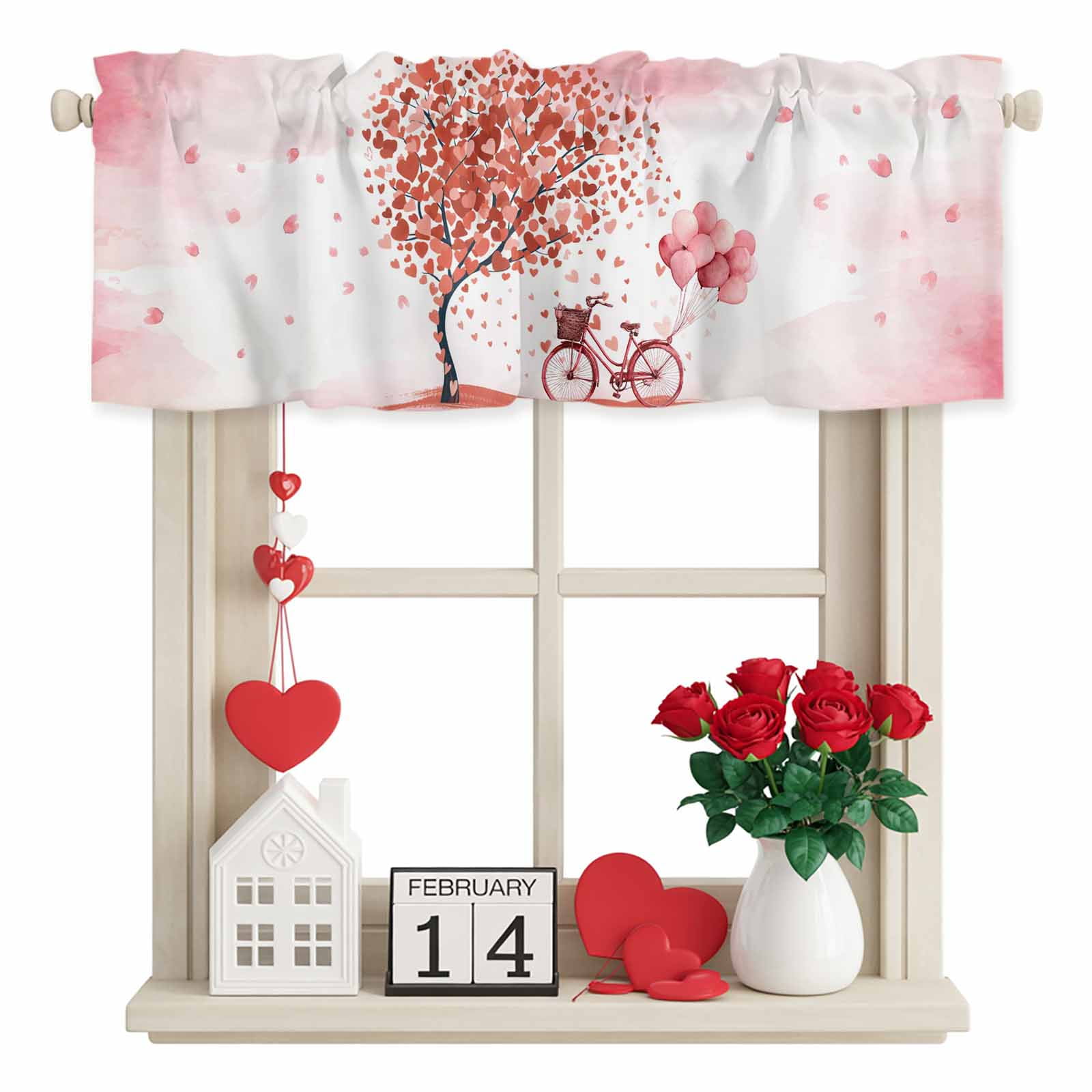 Valentine's Day Valance Curtain for Windows Watercolor Red Love Heart ...