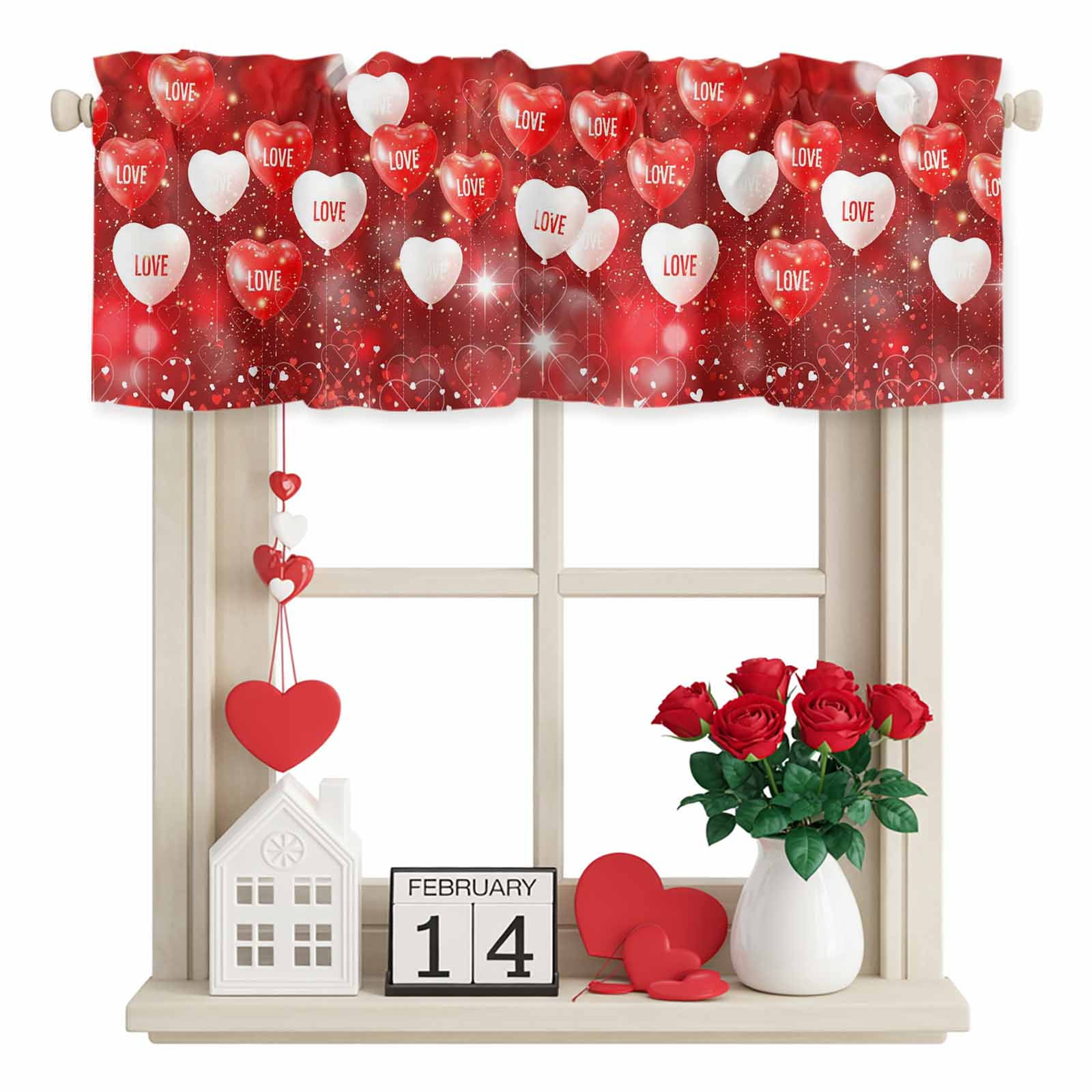 Valentine's Day Valances for Windows, Fantasy Red White Love Heart ...