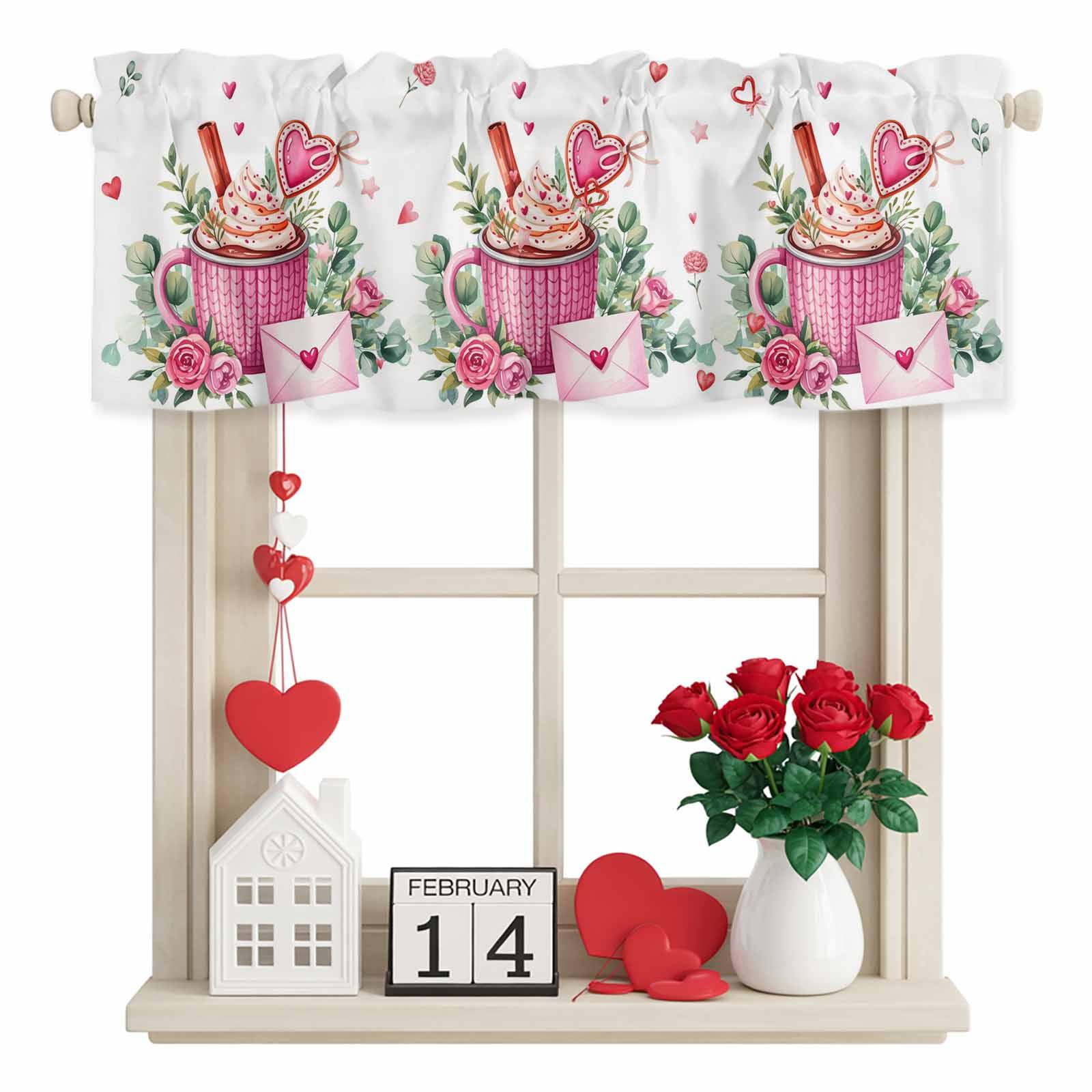 Valentine's Day Valances for Windows, Pink Cappuccino Cup Love Heart ...