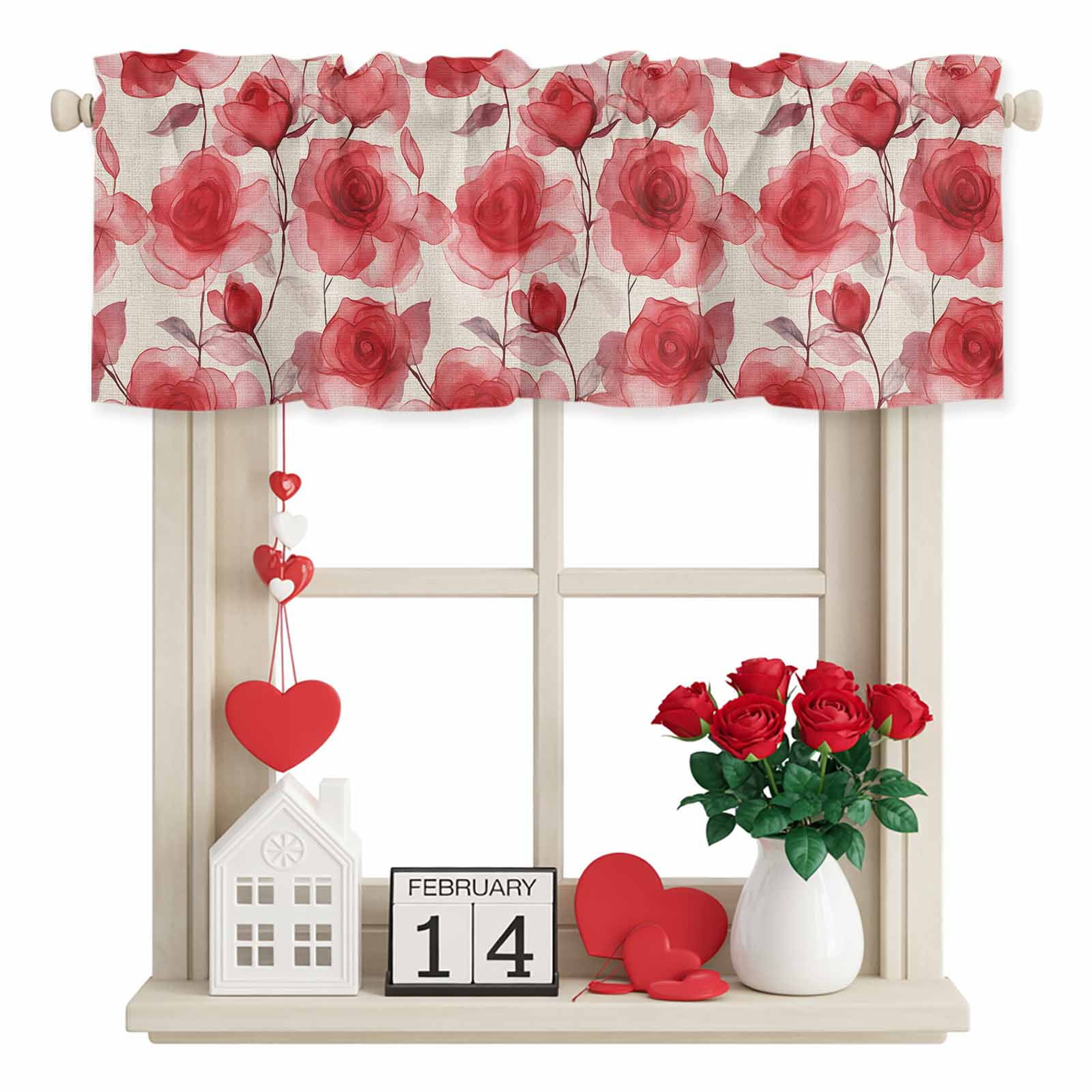 Valentine's Day Valances for Windows, Romantic Red Flower Watercolor ...