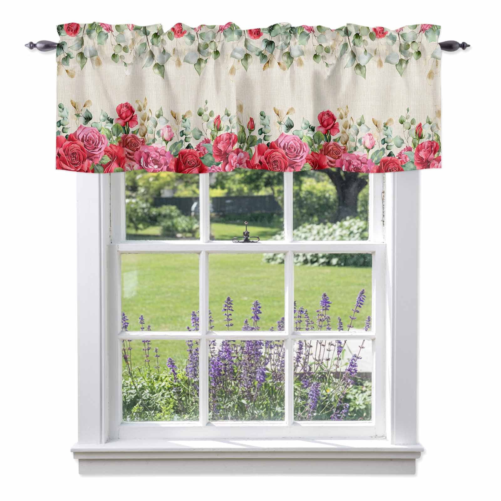 Valentine's Day Valances for Windows, Watercolor Roses Eucalyptus Leaf ...