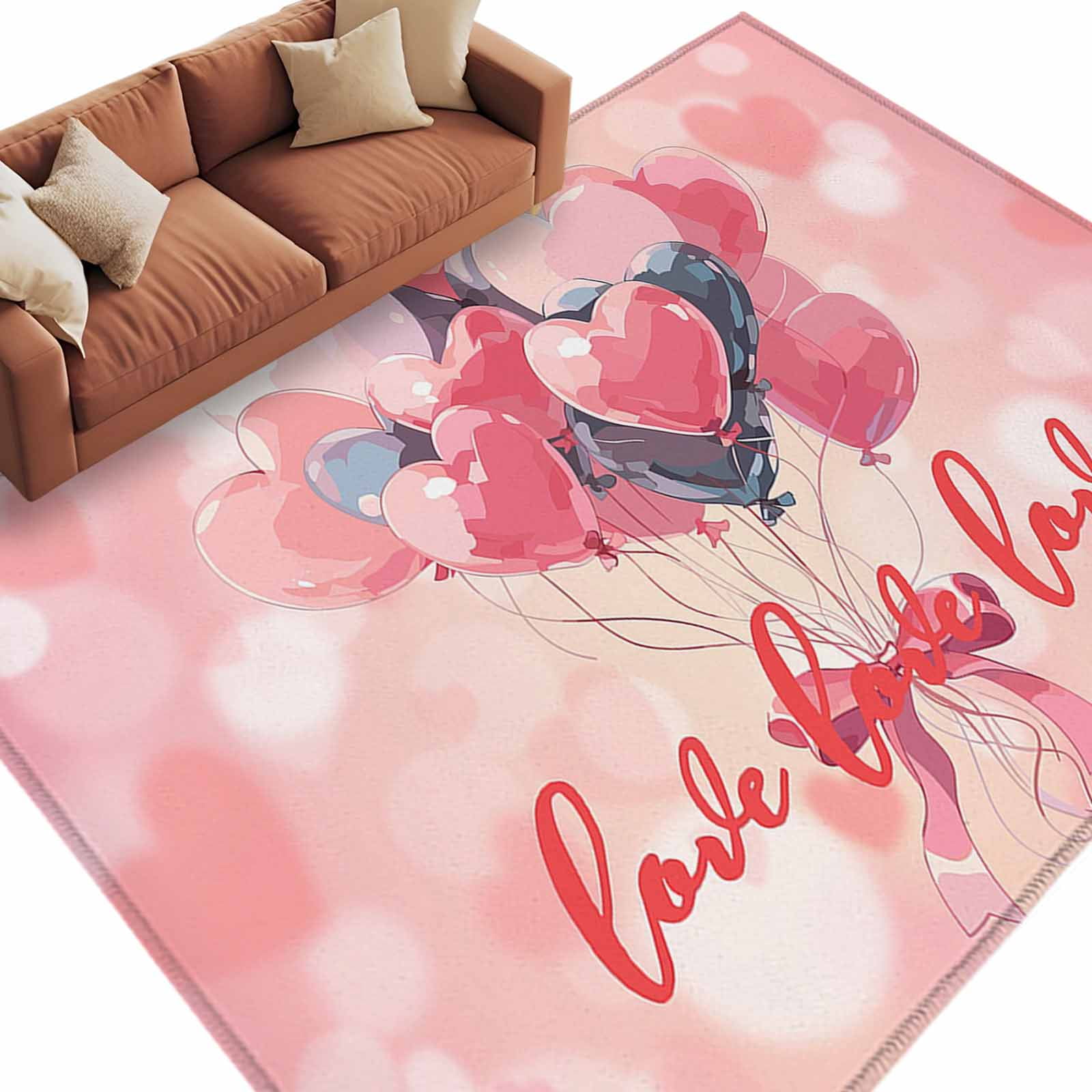 Valentine's Day Washable Area Rug 5 x 7 ft Love Heart Balloons Pink ...