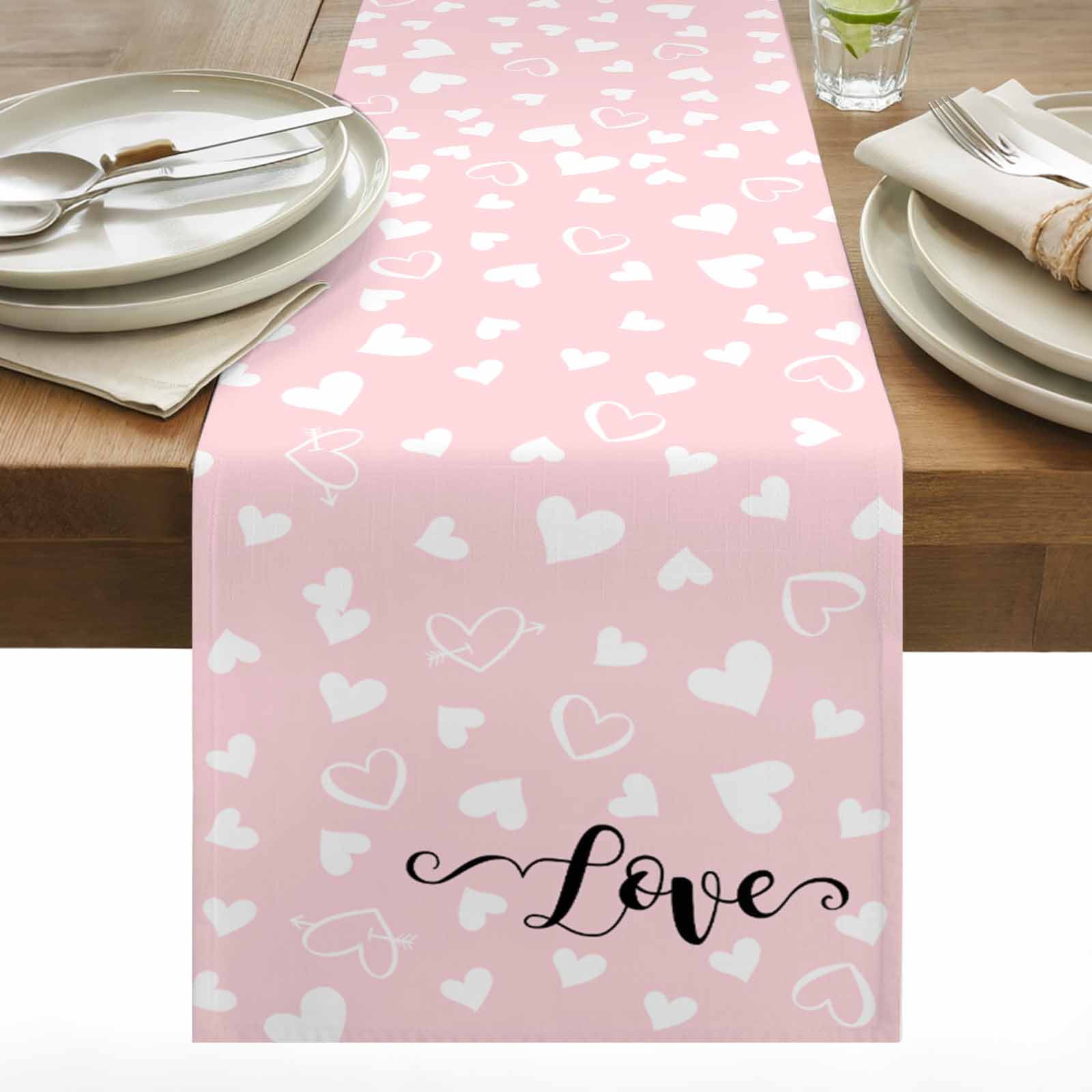 Valentine's Day White Love Heart Pink Table Runner 13x120 inch Cotton ...
