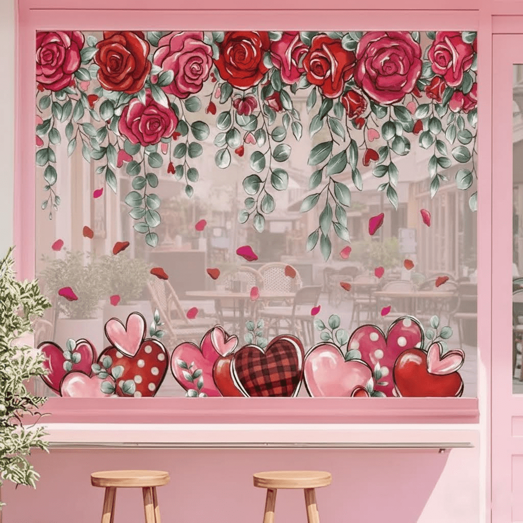 Valentine's Day Window Clings with Rose Vine and Hearts, Reusable ...