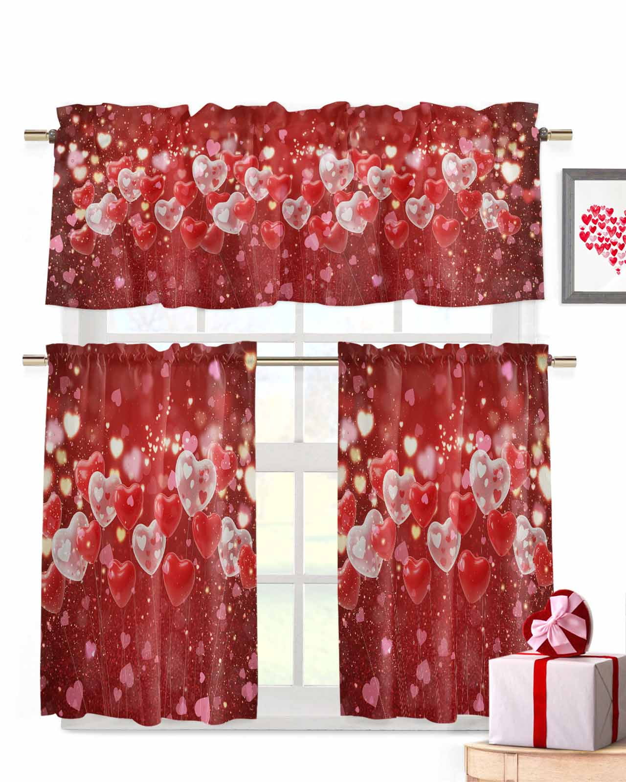 Valentine's Day Window Curtains Valance Set of 3 Dreamy Red White Pink ...