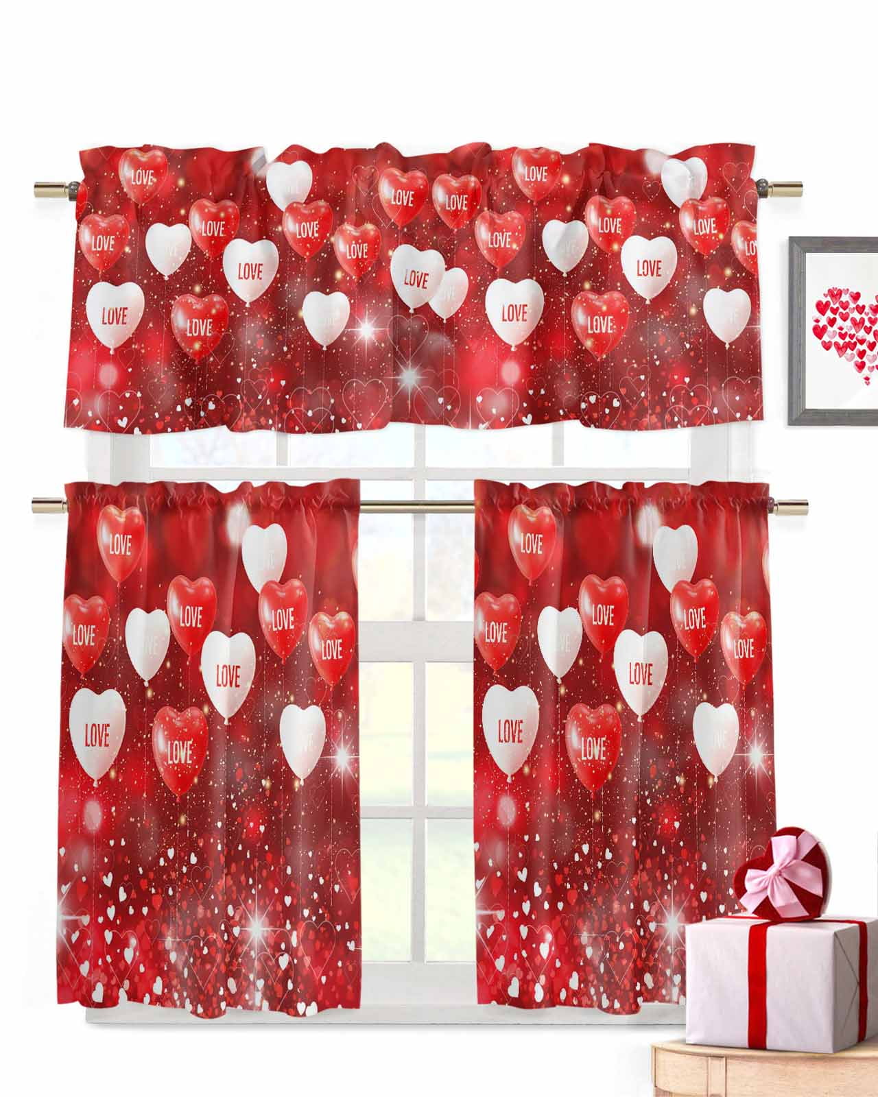 Valentine's Day Window Curtains Valance Set of 3 Fantasy Red White Love ...