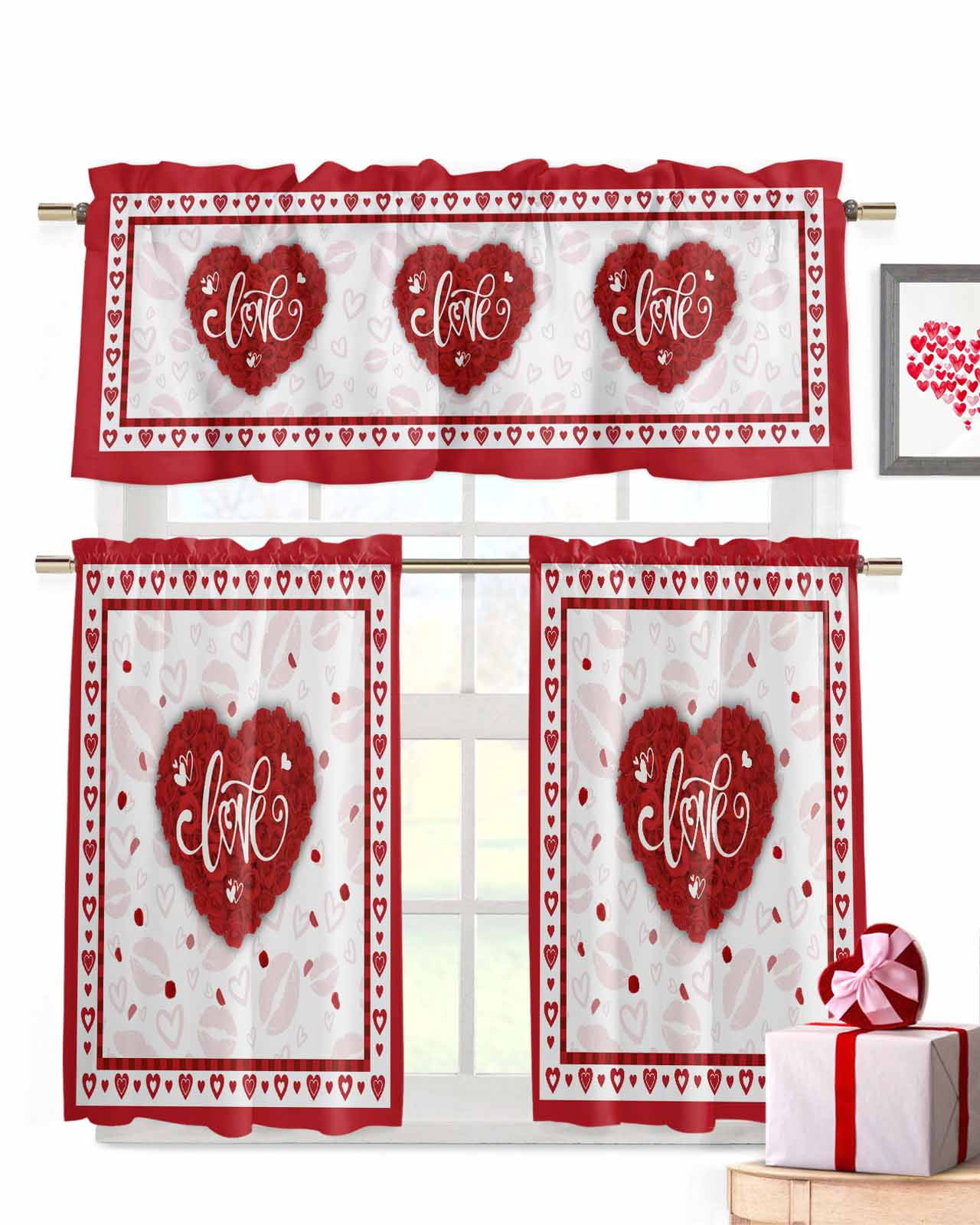 Valentine's Day Window Curtains Valance Set of 3 Love Roses Romantic ...