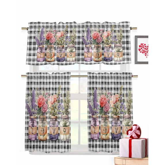Valentine's Day Window Curtains Valance Set of 3 Roses Lavender Love ...