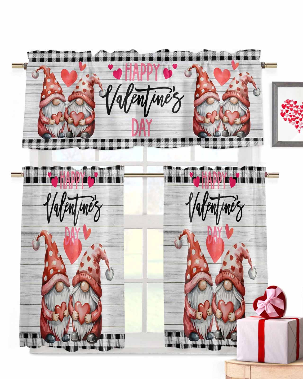 Valentine's Day Window Curtains Valance Set of 3 Watercolor Red Gnome ...