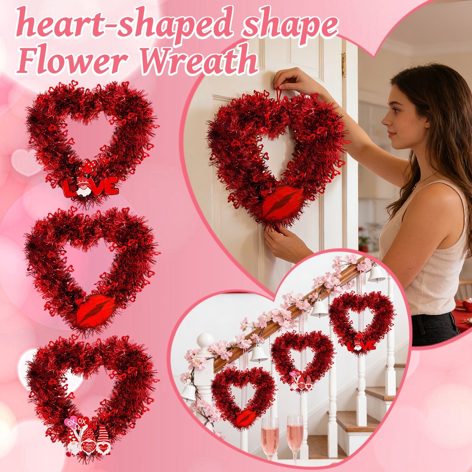 Valentine's Day Wreath Heart Shaped Garland with Glitter, Red Love ...