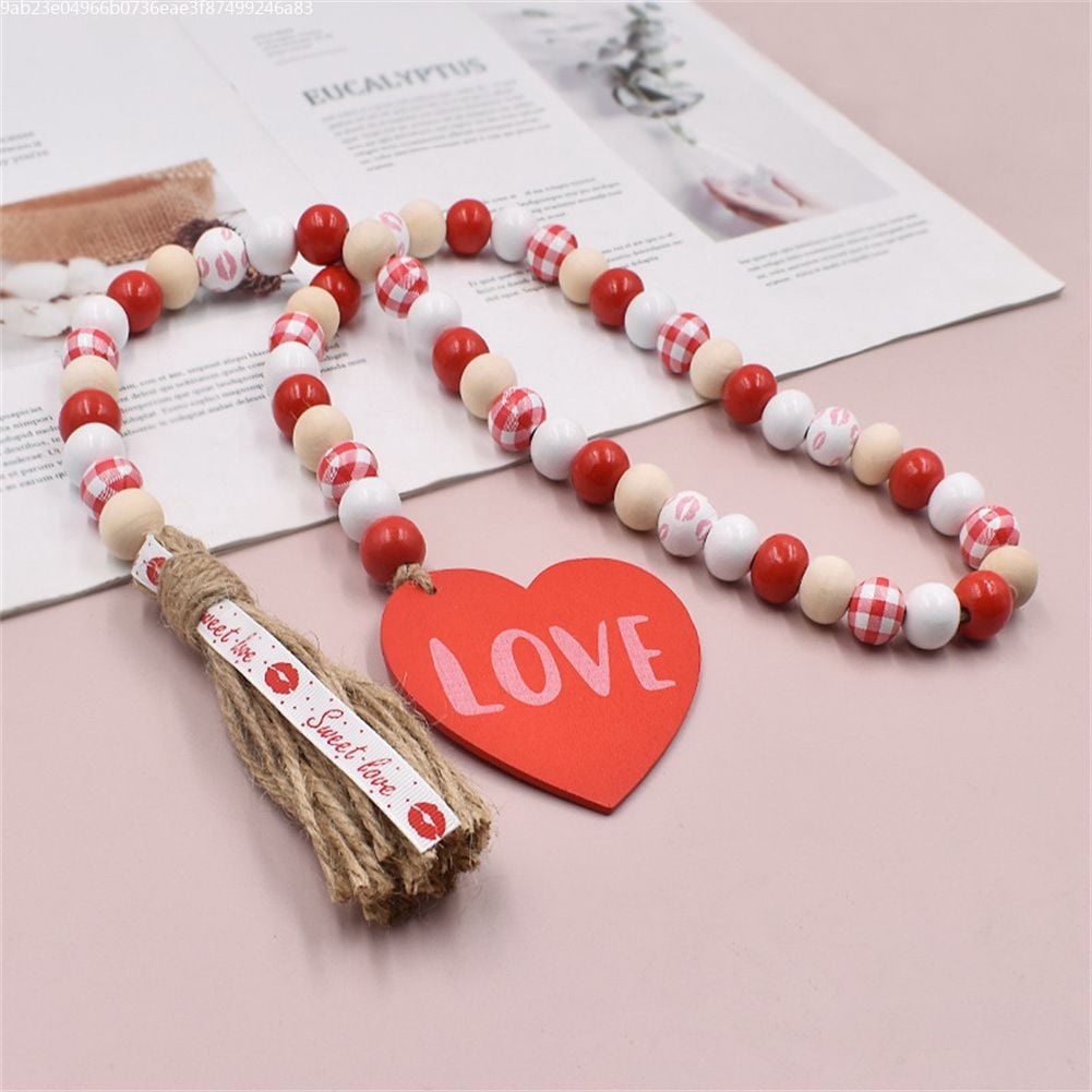 Valentines Day Rustic Wood Bead Garland with Tassels, Love Heart ...