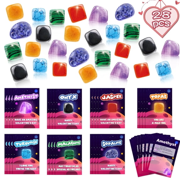 28 Pack Kids' Valentine's Day Gemstone Exchange Cards - 7-Style Crystal ...
