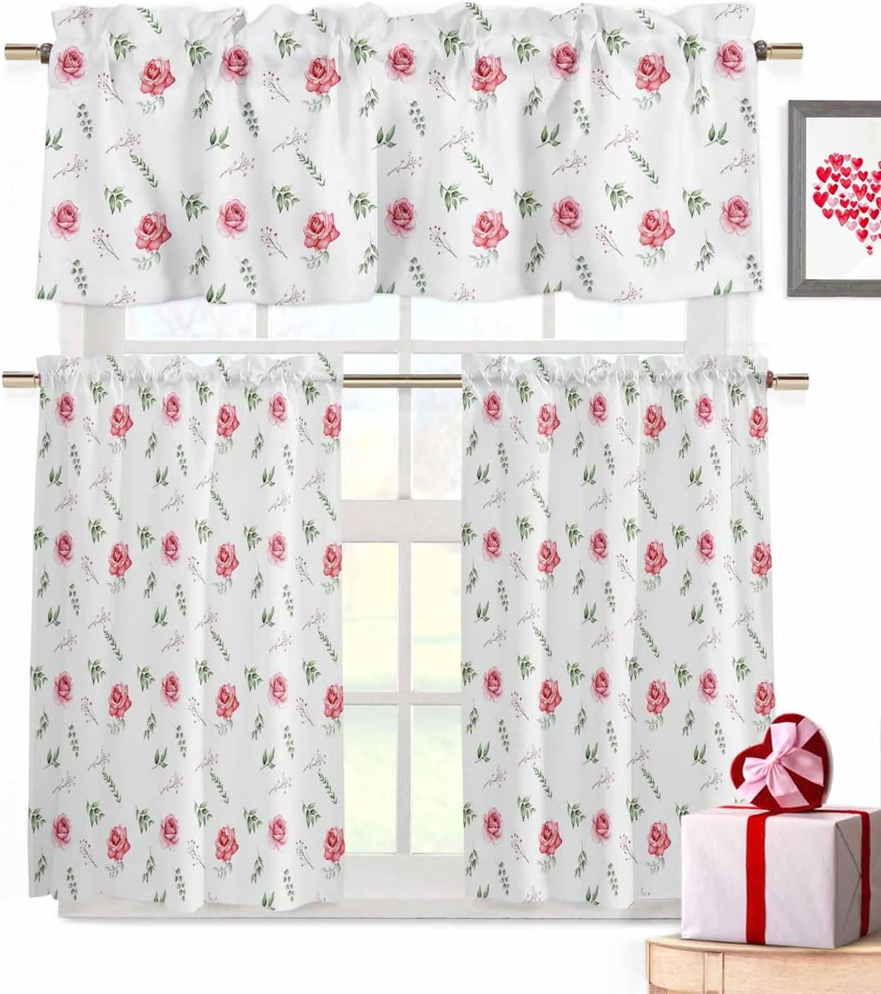 Valentines 3 Piece Kitchen Curtains Tiers and Valances Set Watercolor ...