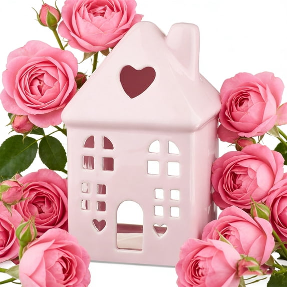 Valentines Ceramic House Tabletop Decoration, Pink Small Village Houses ...