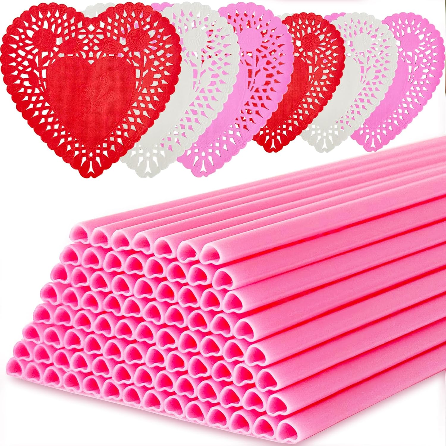 Valentines Day 300 Pcs Pink Heart Straws and Doilies, Individually ...