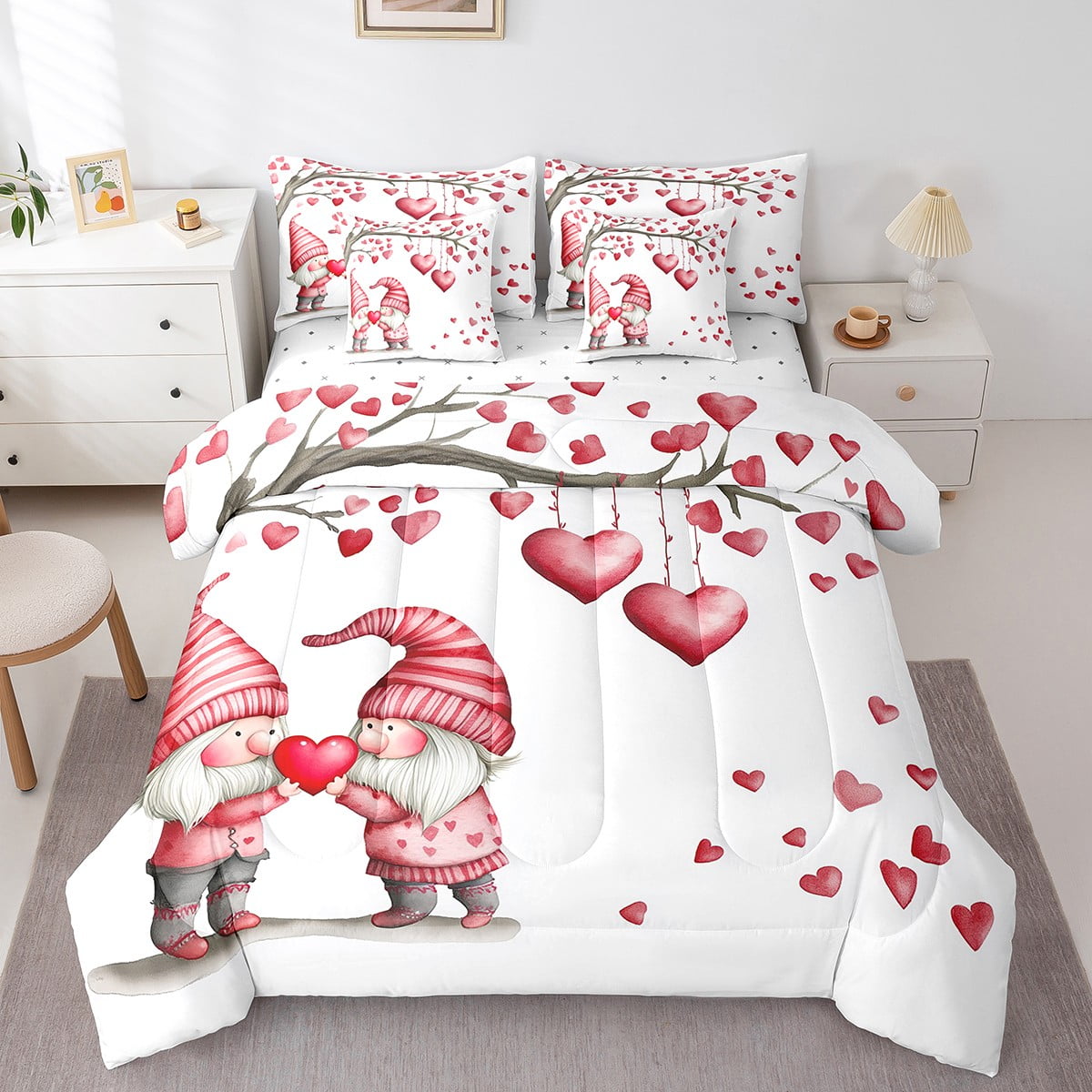 Valentines Day 7 Piece Comforter Set Queen Size Romantic Gnome Bedding ...