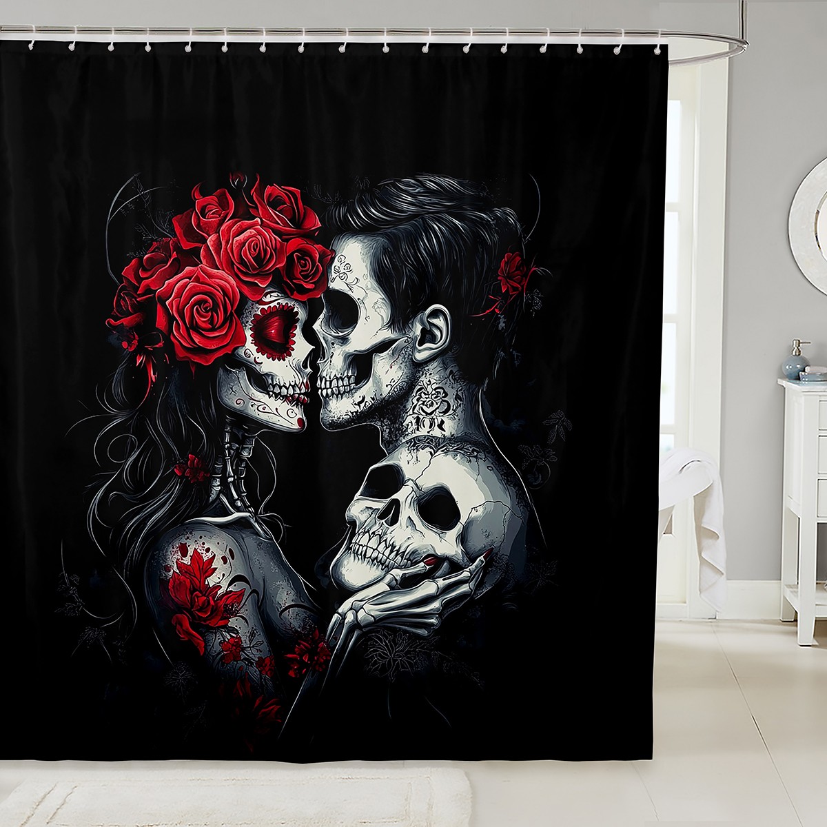 Valentines Day 72"Wx72"L Shower Curtain,Lover Kissing Skull Bathroom ...