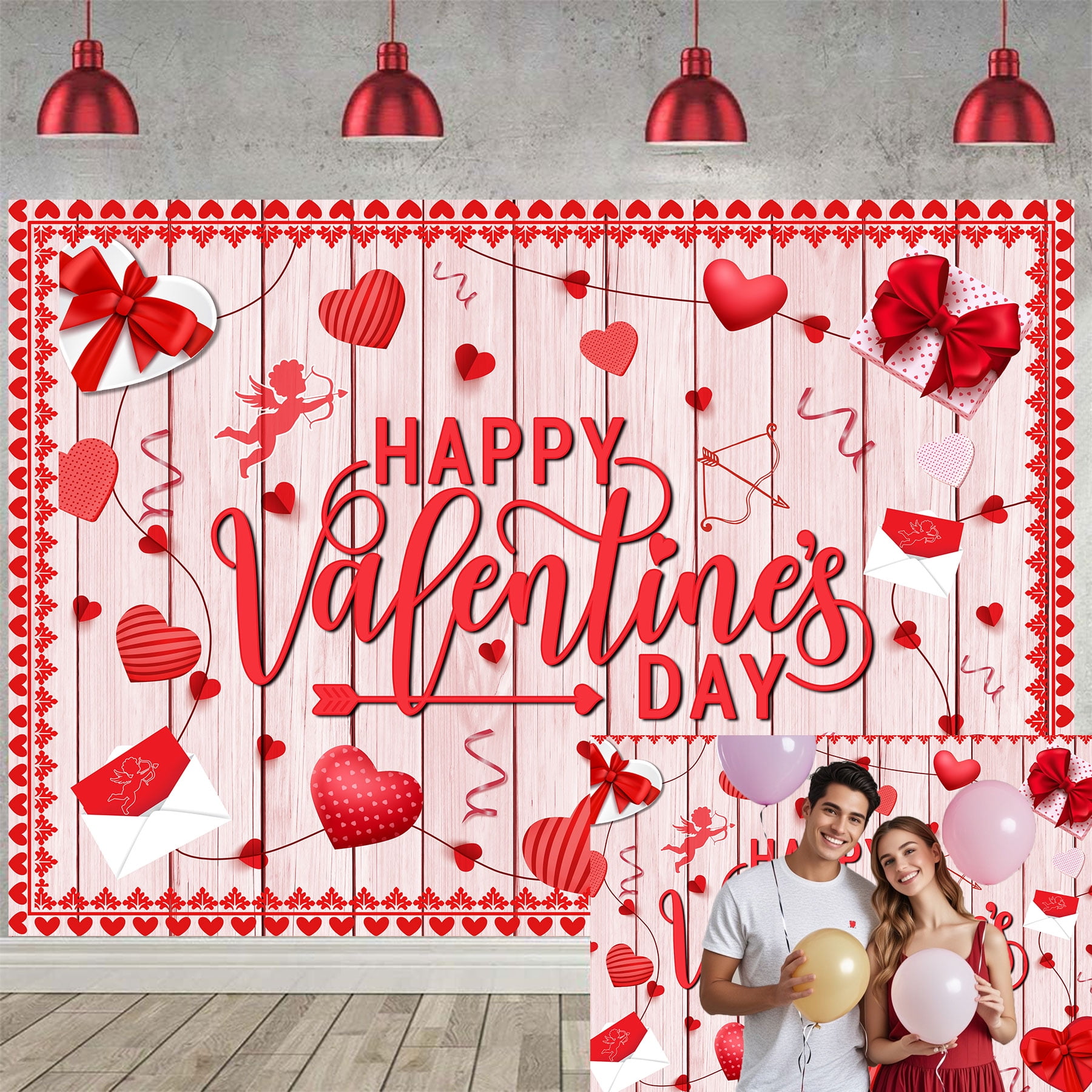 Valentines Day Backdrop, Valentines Romantic Pink Rustic Wood Red Love ...
