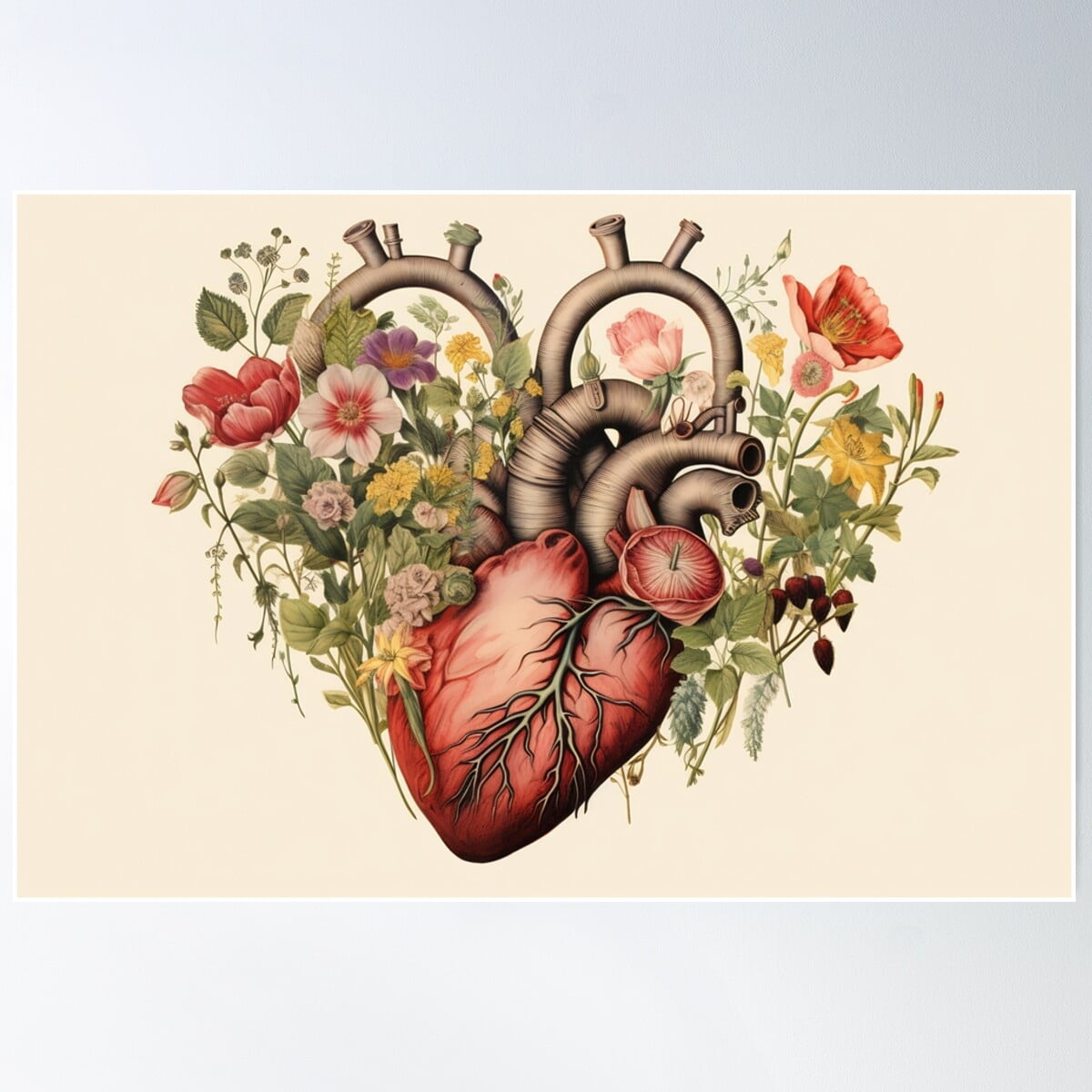 Valentines Day Card. Anatomical Heart With Flowers. Poster Wall Art ...
