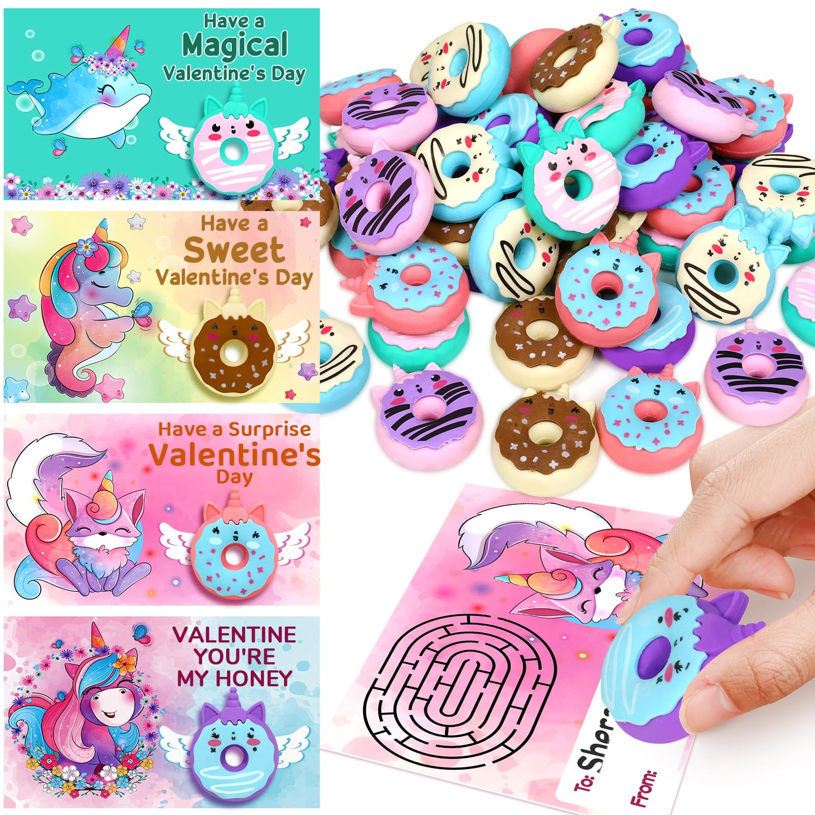 Valentines Day Cards Gifts for Kids 28 Unicorn Erasers with Valentines ...